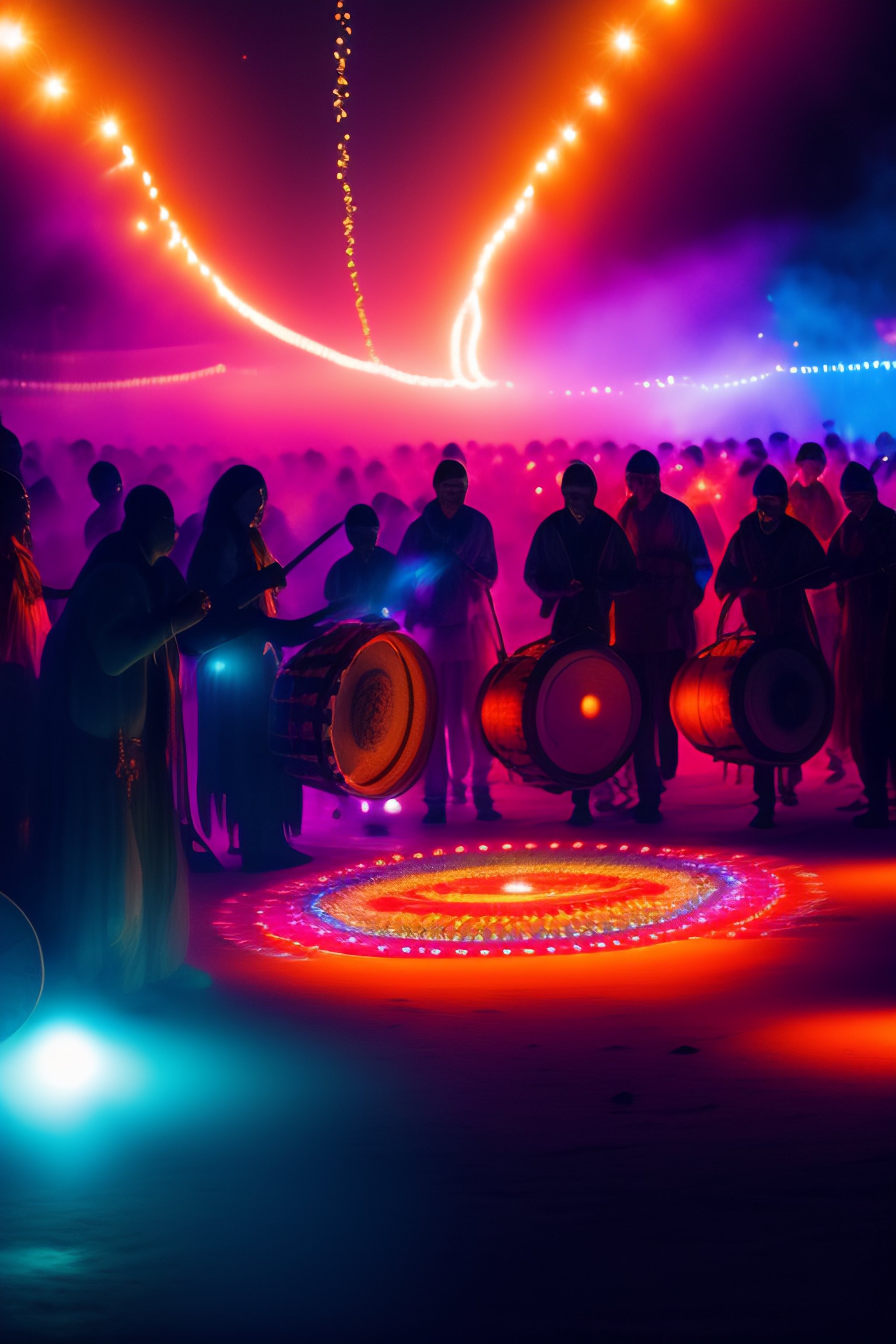 Lexica - Psychedelic. many indigenous people beating drum. Rows of light.
