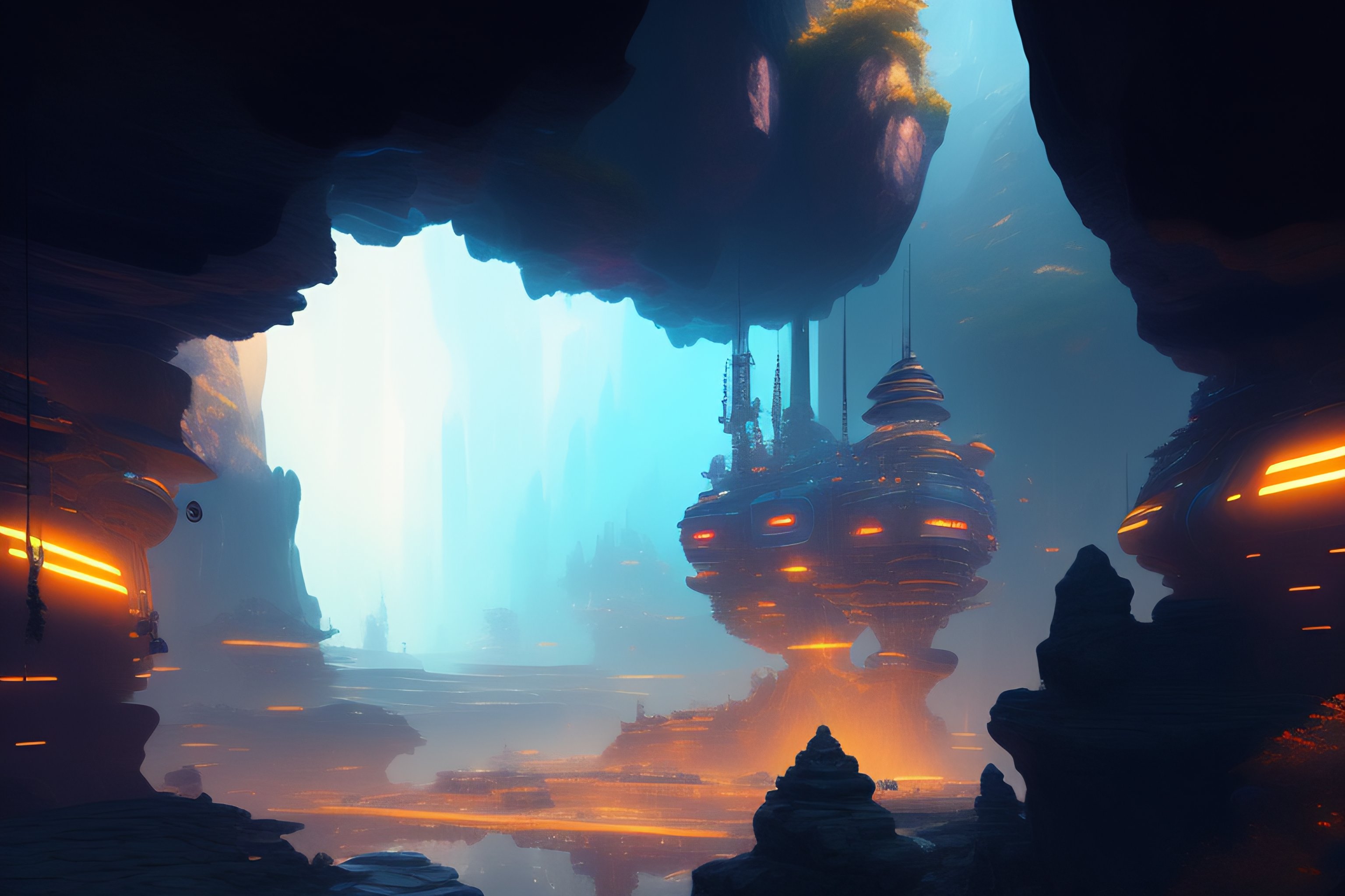 Lexica - A painting of a sci - fi cyberpunk cave full of technology by ...