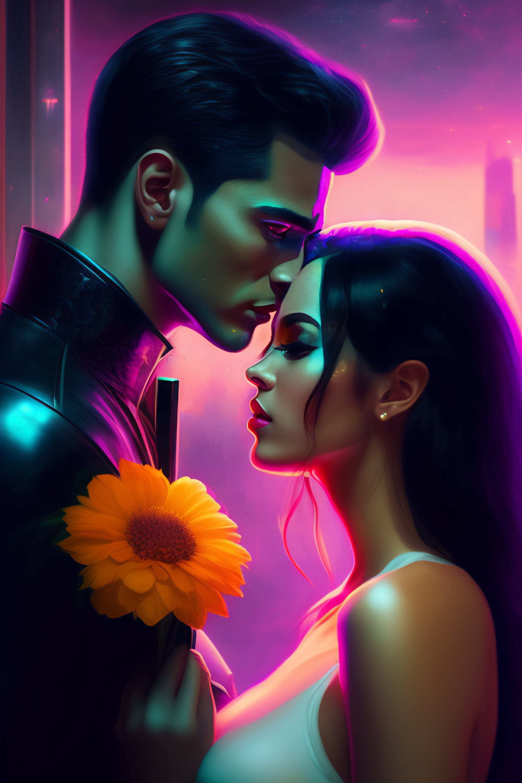 Lexica - An android man gives a bouquet of flowers to a beautiful human ...