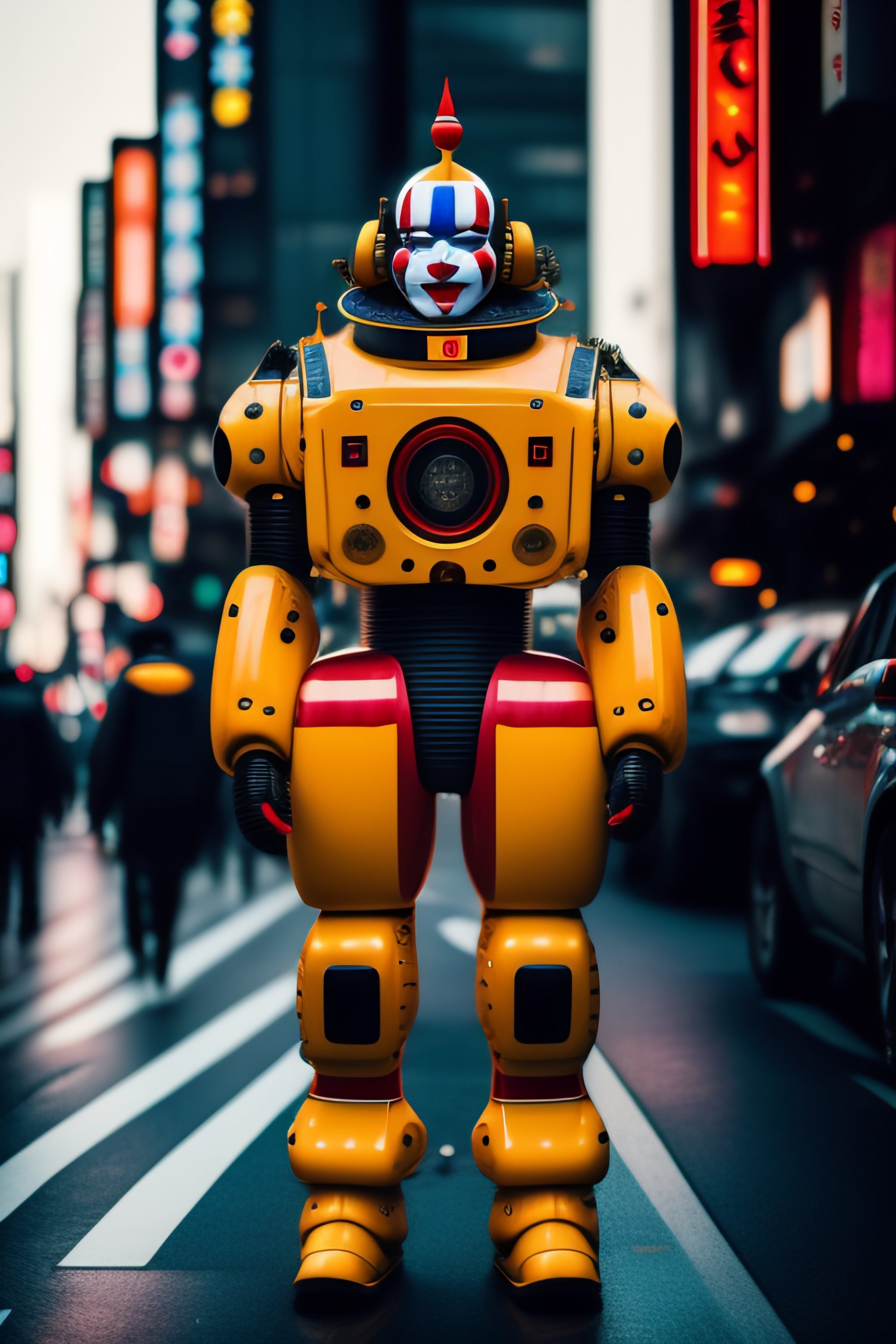 Lexica - Military robot clown wandering through tokyo