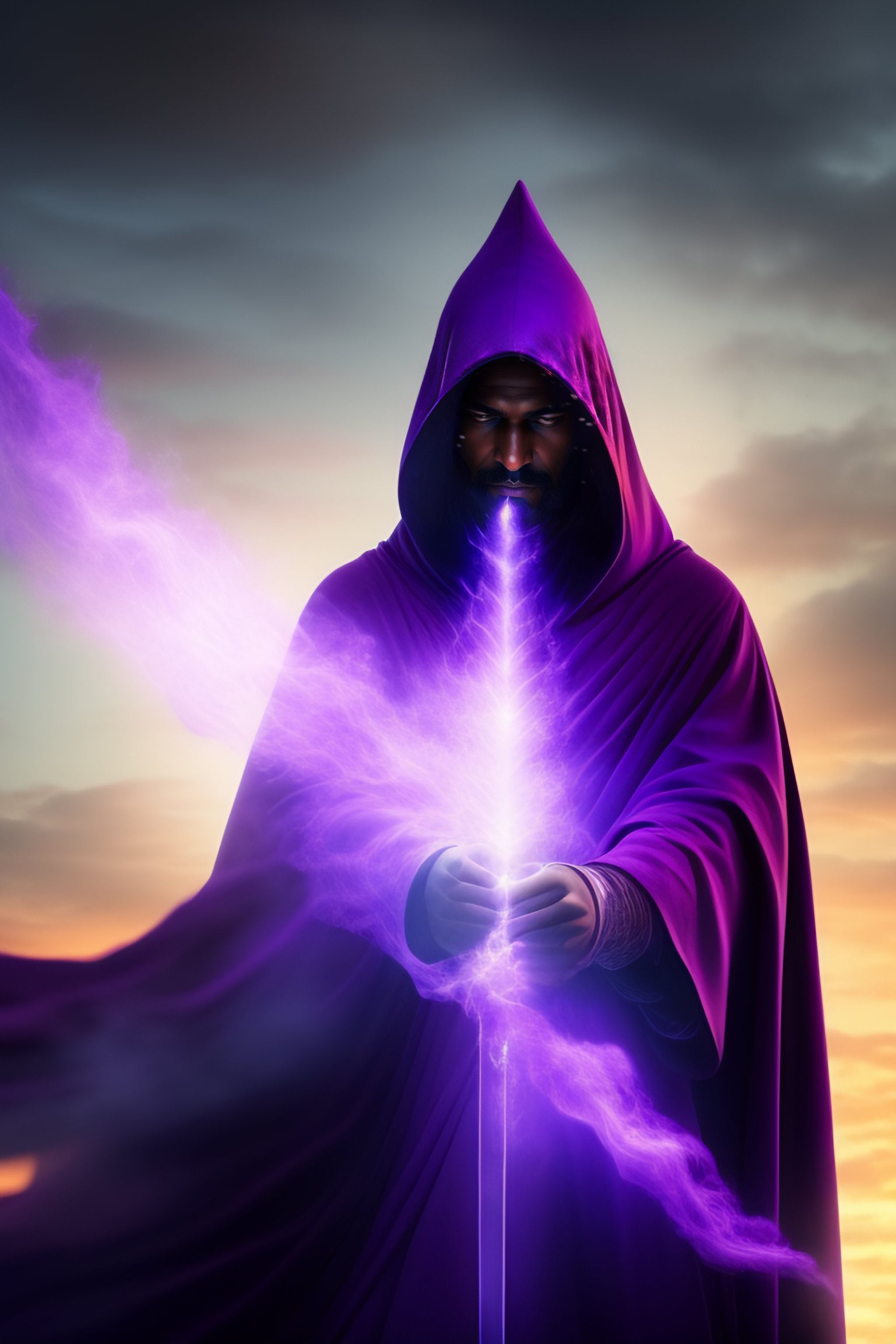 Lexica - A purple cloaked wizard casting a spell. The image size should ...
