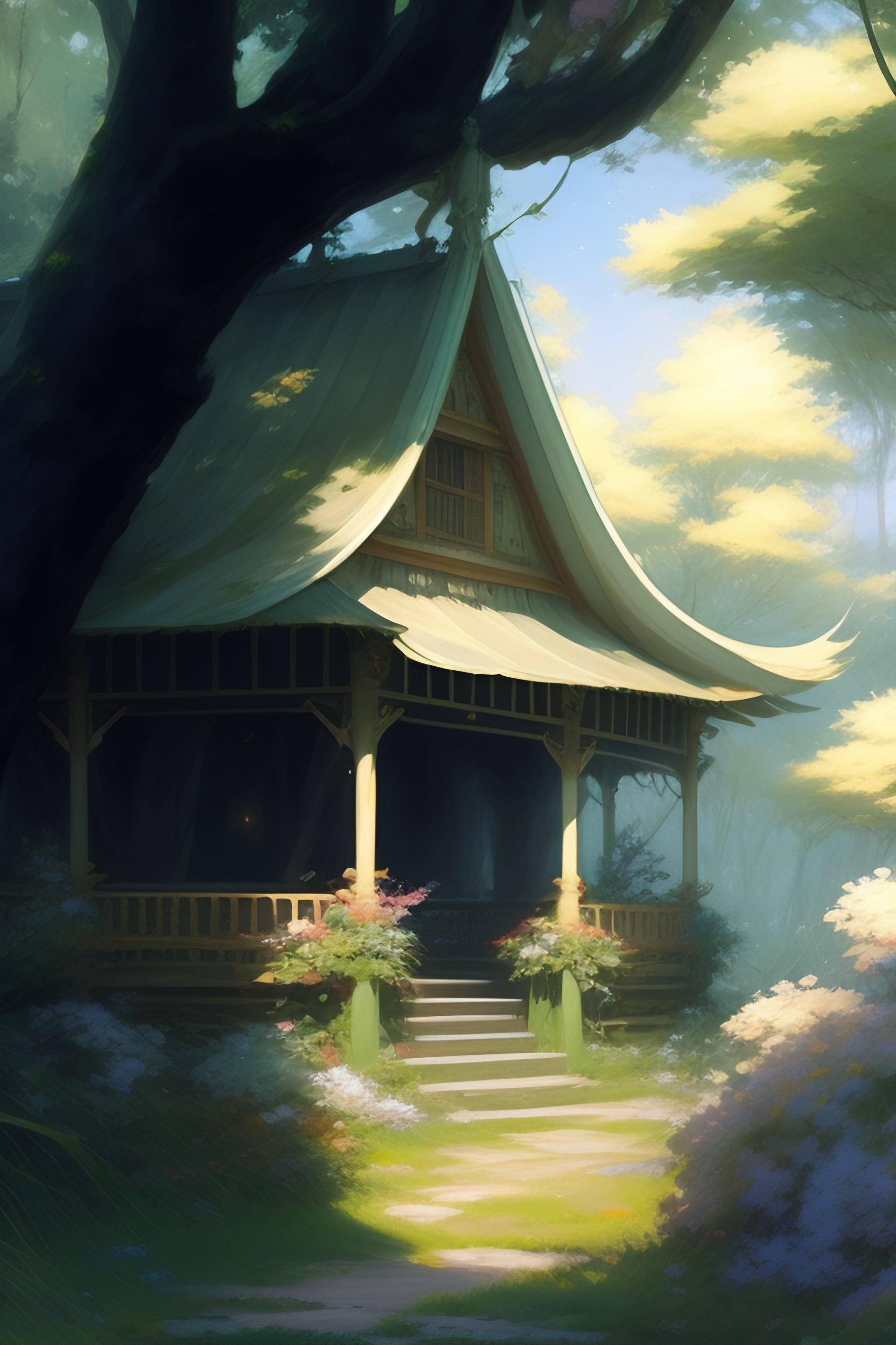 Lexica - Old veranda in the thickets, anime, strong impressionistic ...