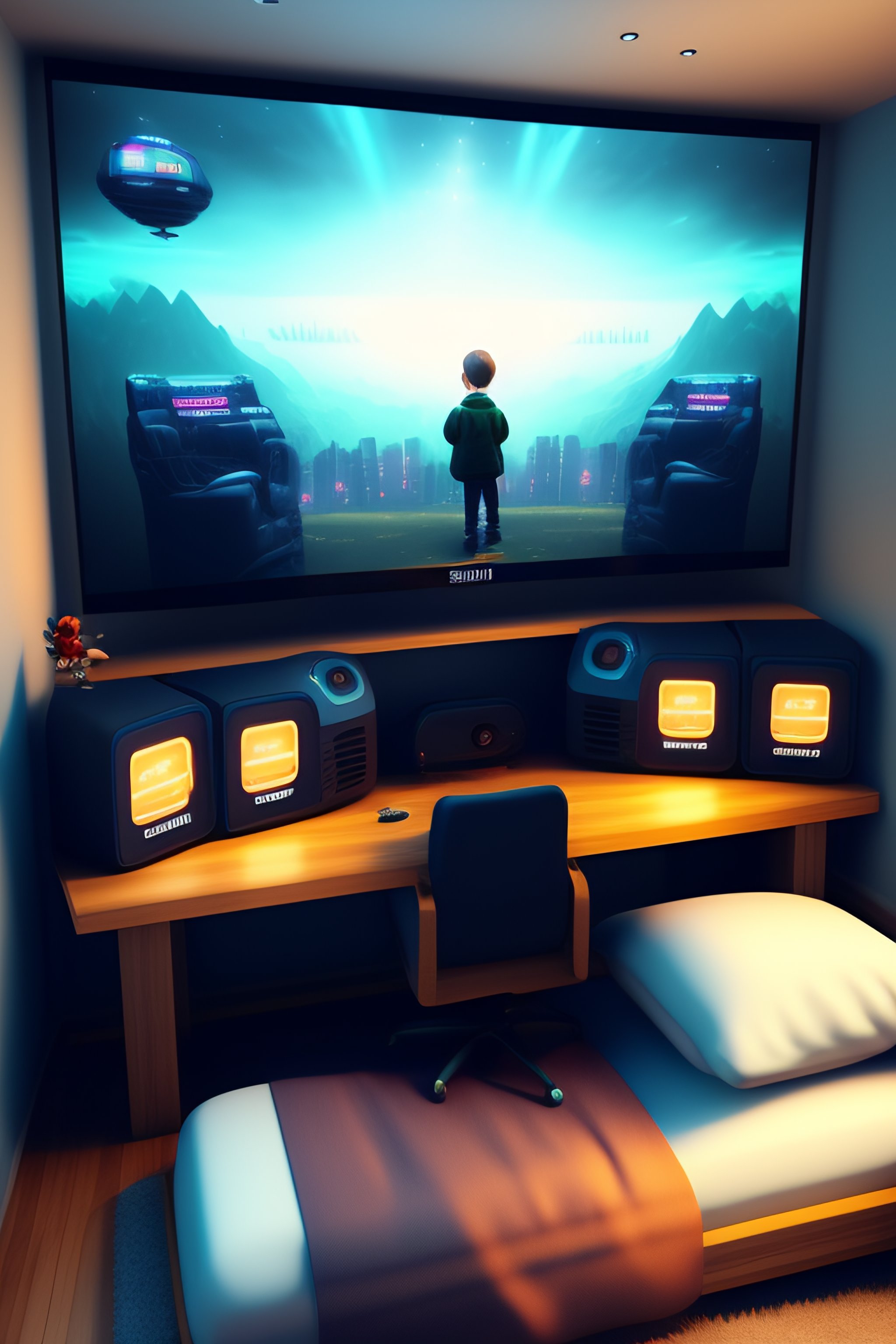 Lexica - Boy at cozy gaming control room in bedroom , massive , big screen, high tech , advanced ...