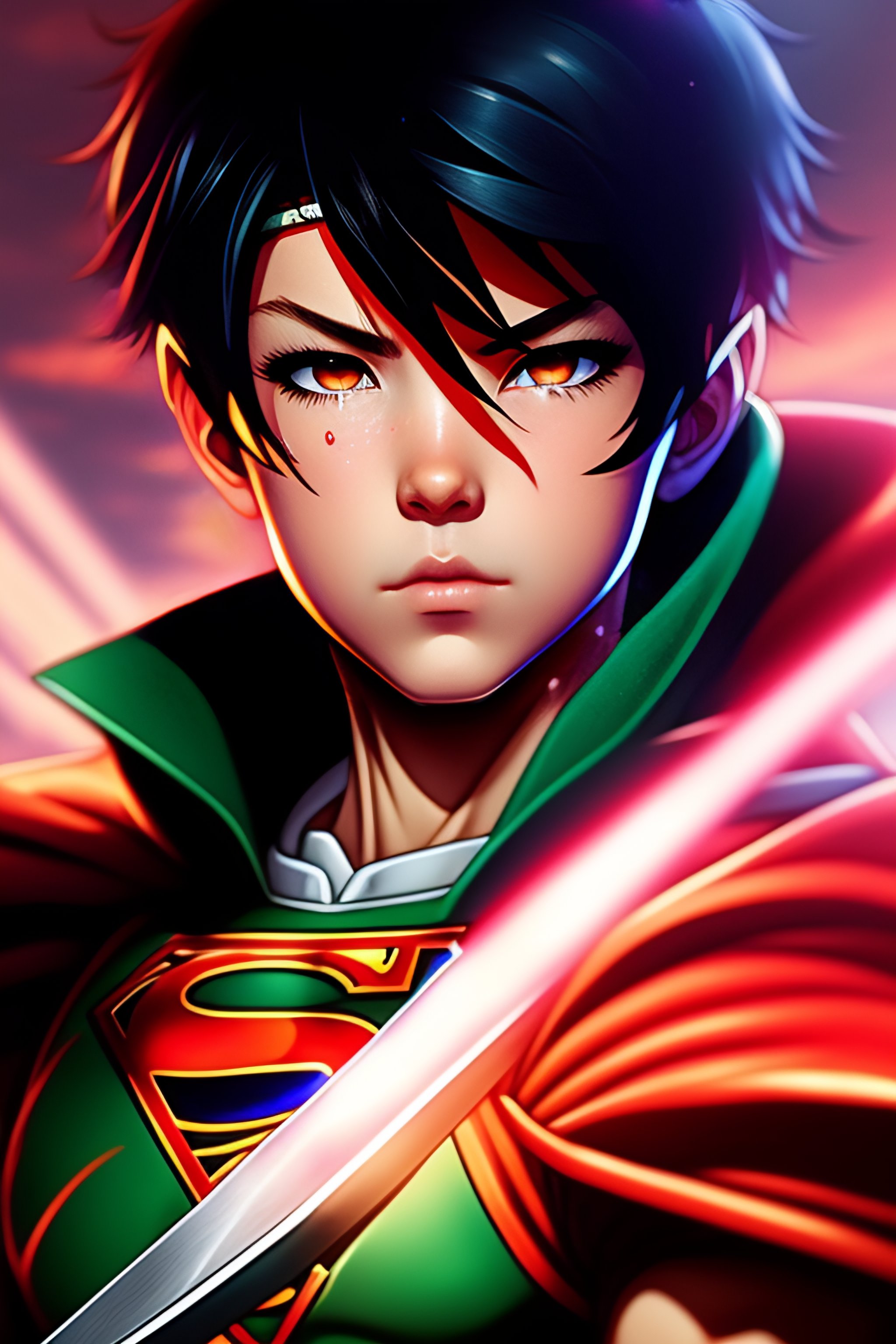 Lexica - Anime of superboy holding a knife crying with blood on her hands