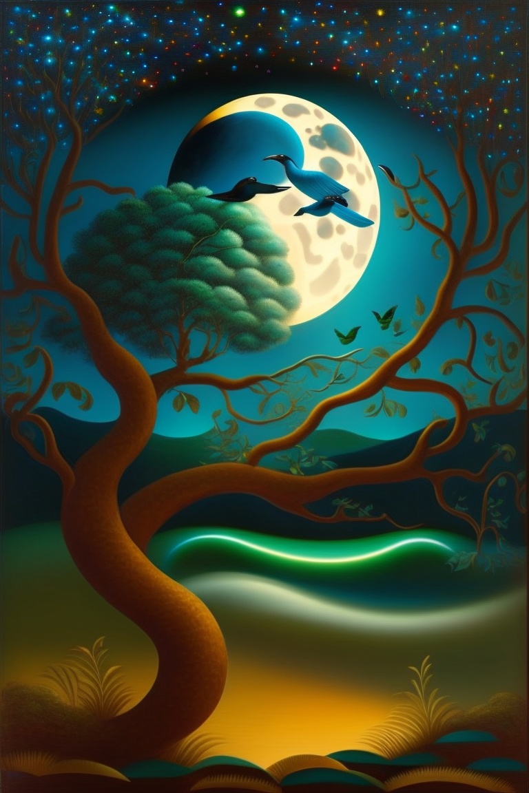 Lexica - Tree with birds , moonlight , full moon, picasso