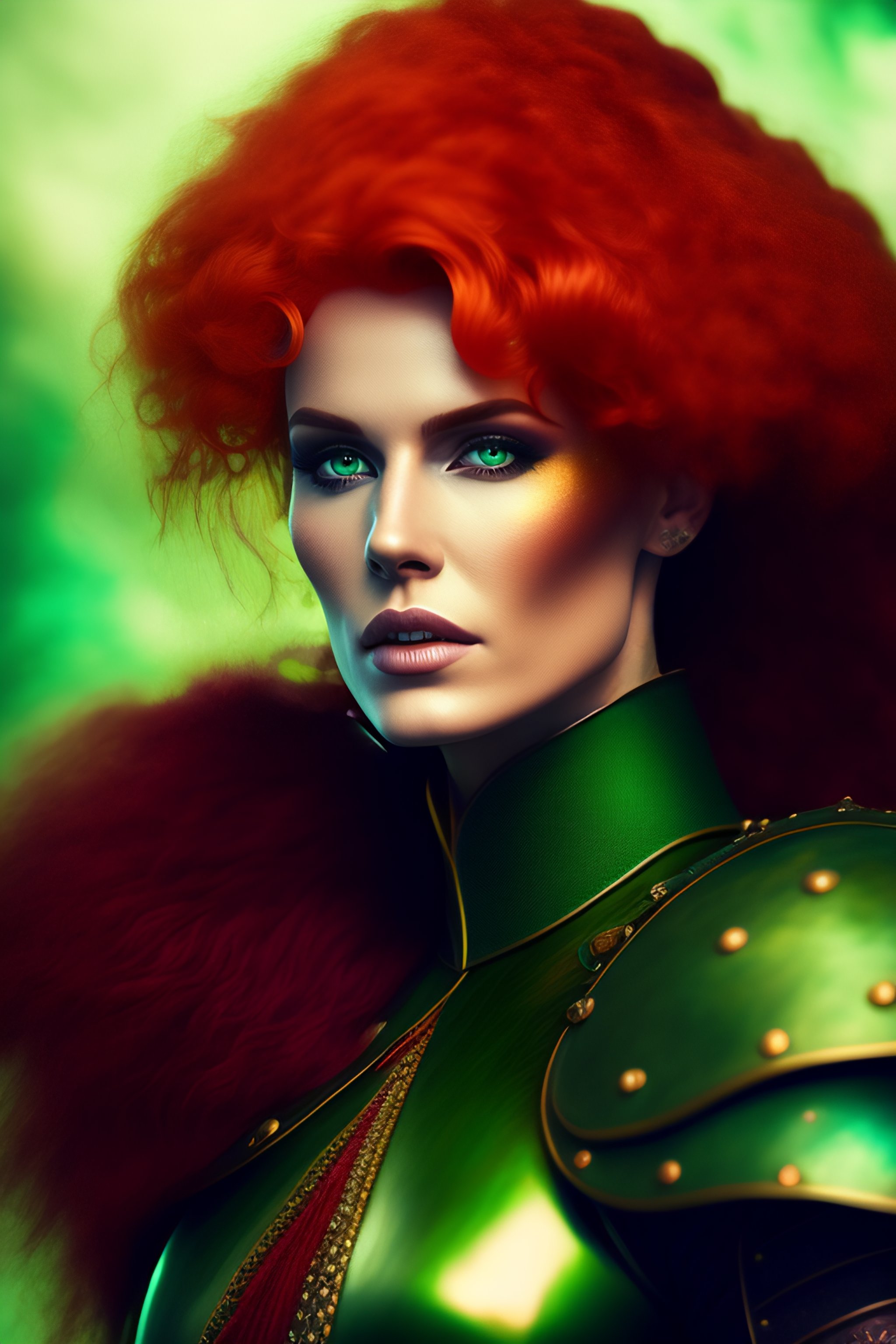 Lexica - A close-up of a Scottish woman with wild red hair in green ...