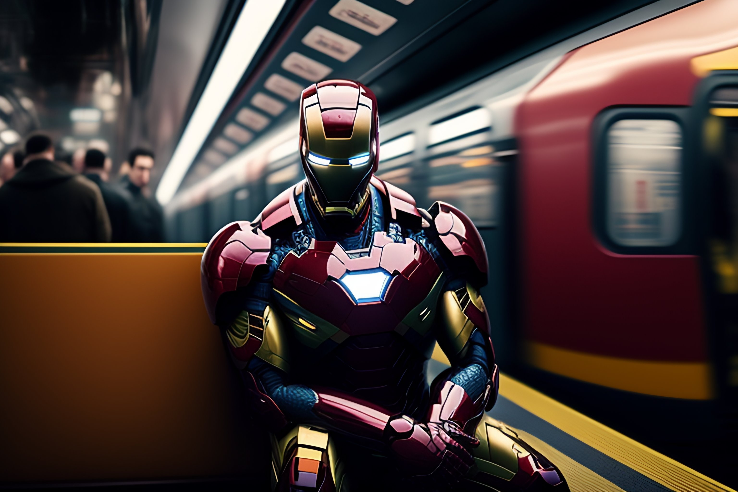 Lexica - Iron Man sitting in the London Underground train during rush ...