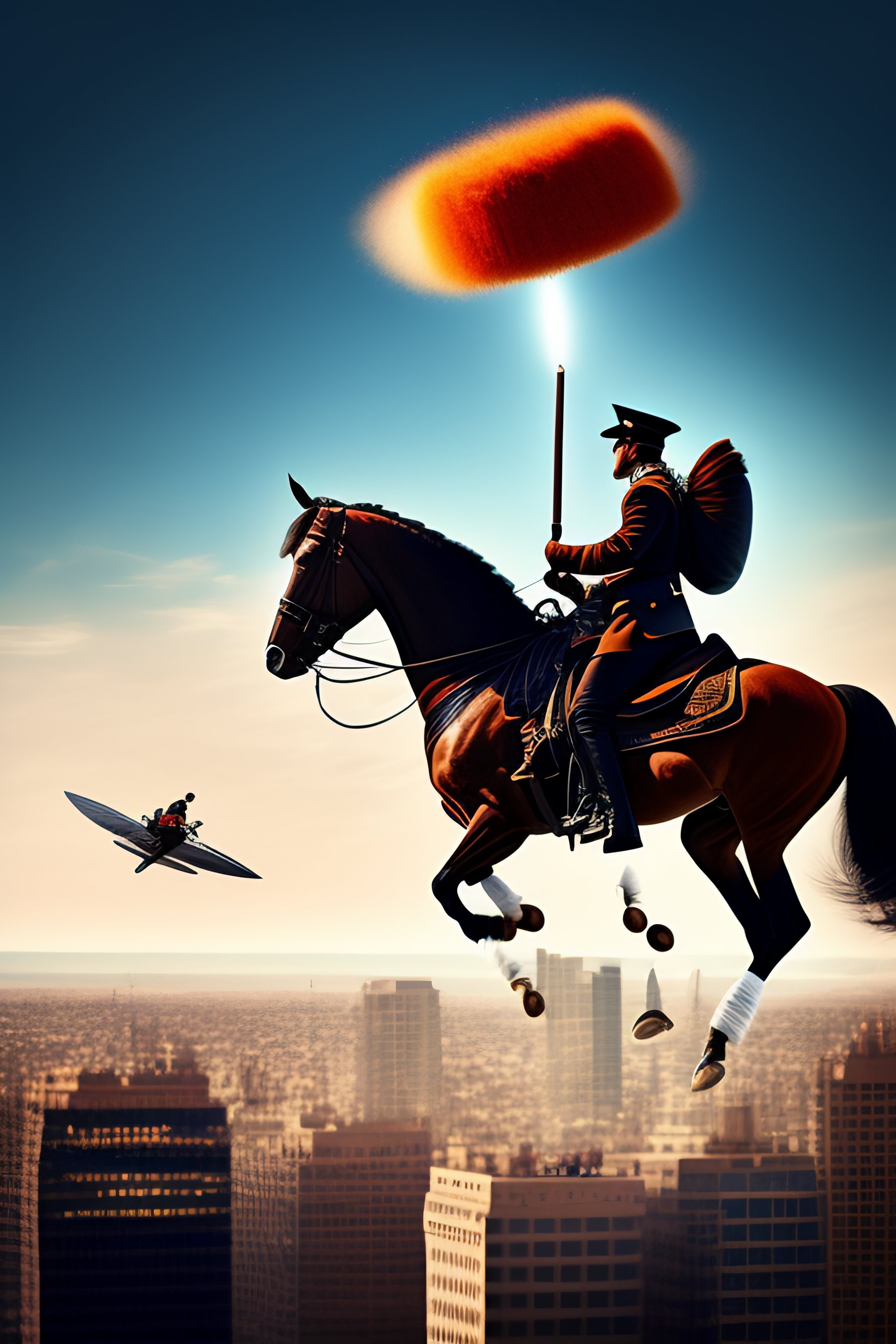 Lexica - Man riding a broomstick over the city flying