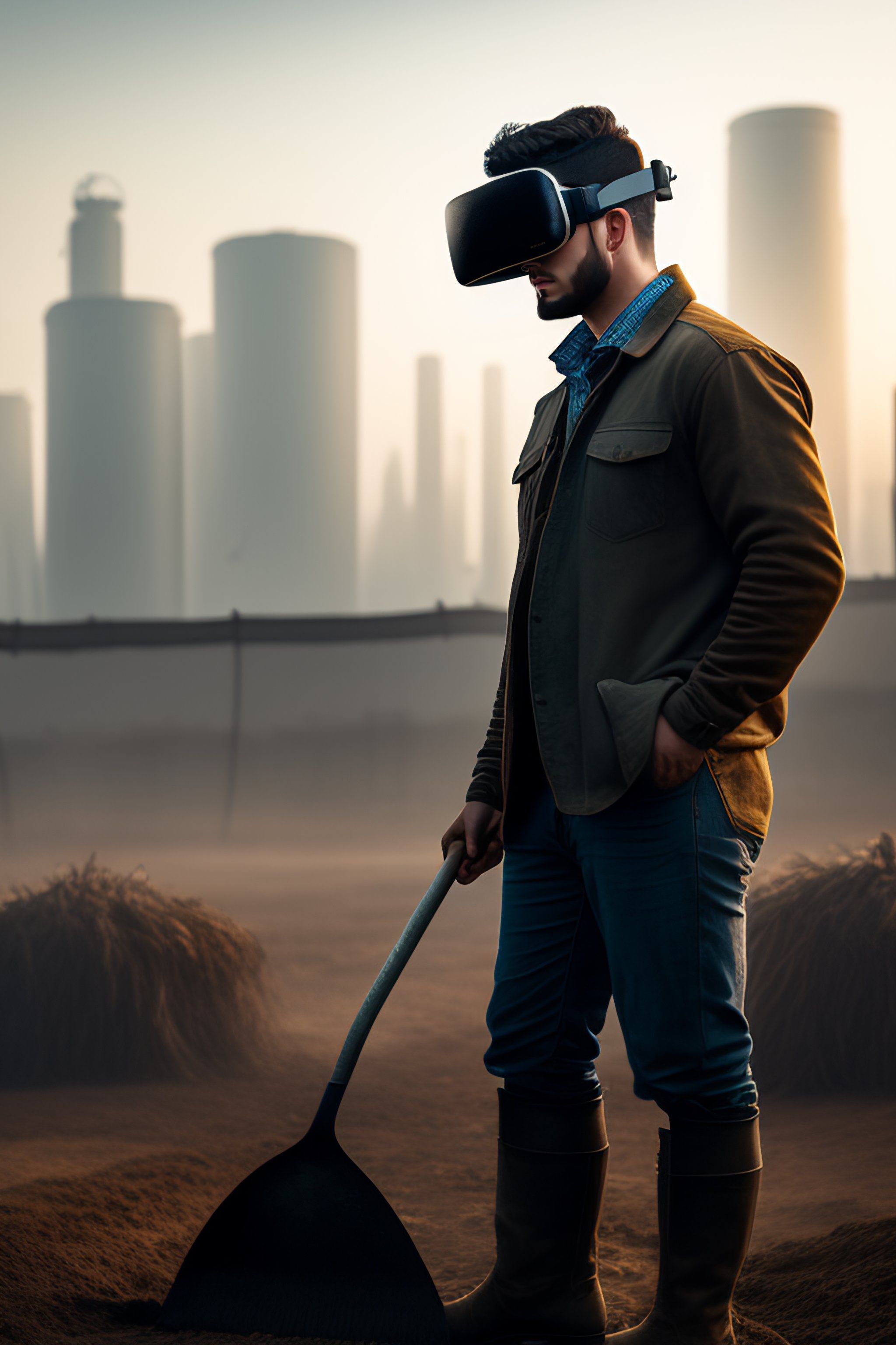 Lexica - A portrait of sad young farmer using a virtual reality headset ...