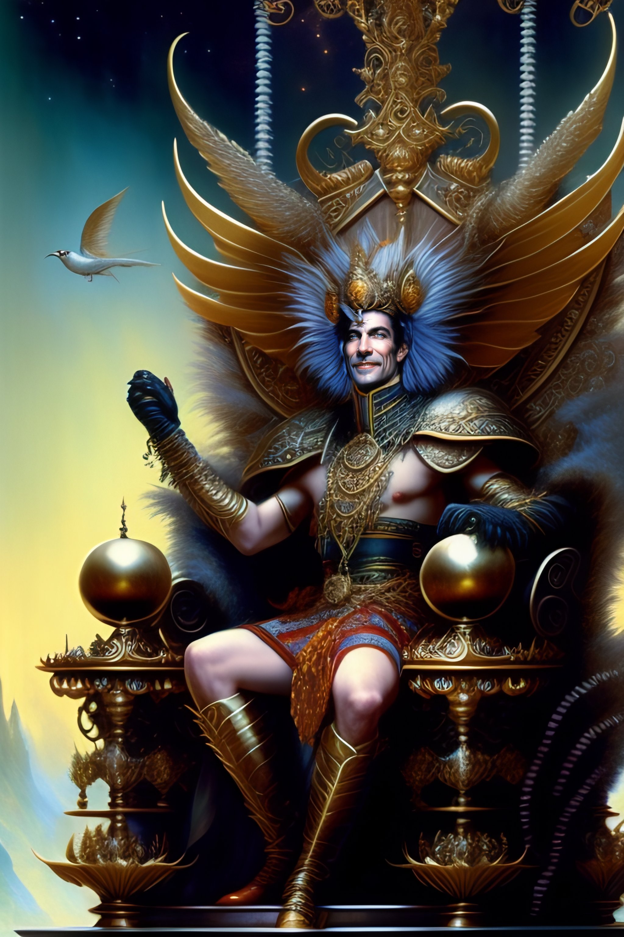 Lexica - An old funny smiling jester with birds around him, sitting on ...