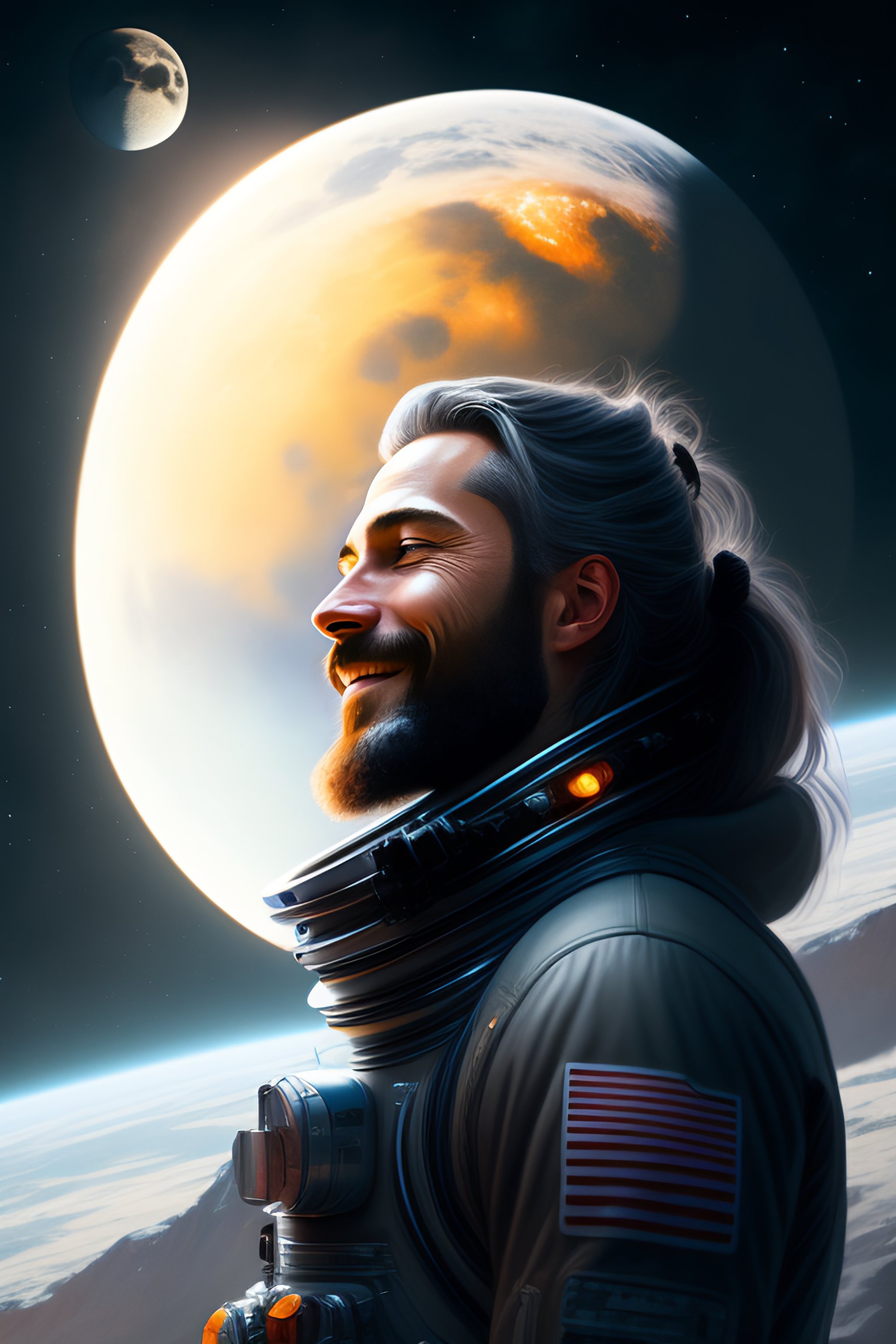 Lexica - Portrait of a smiling male gray long hair and beard astronaut ...