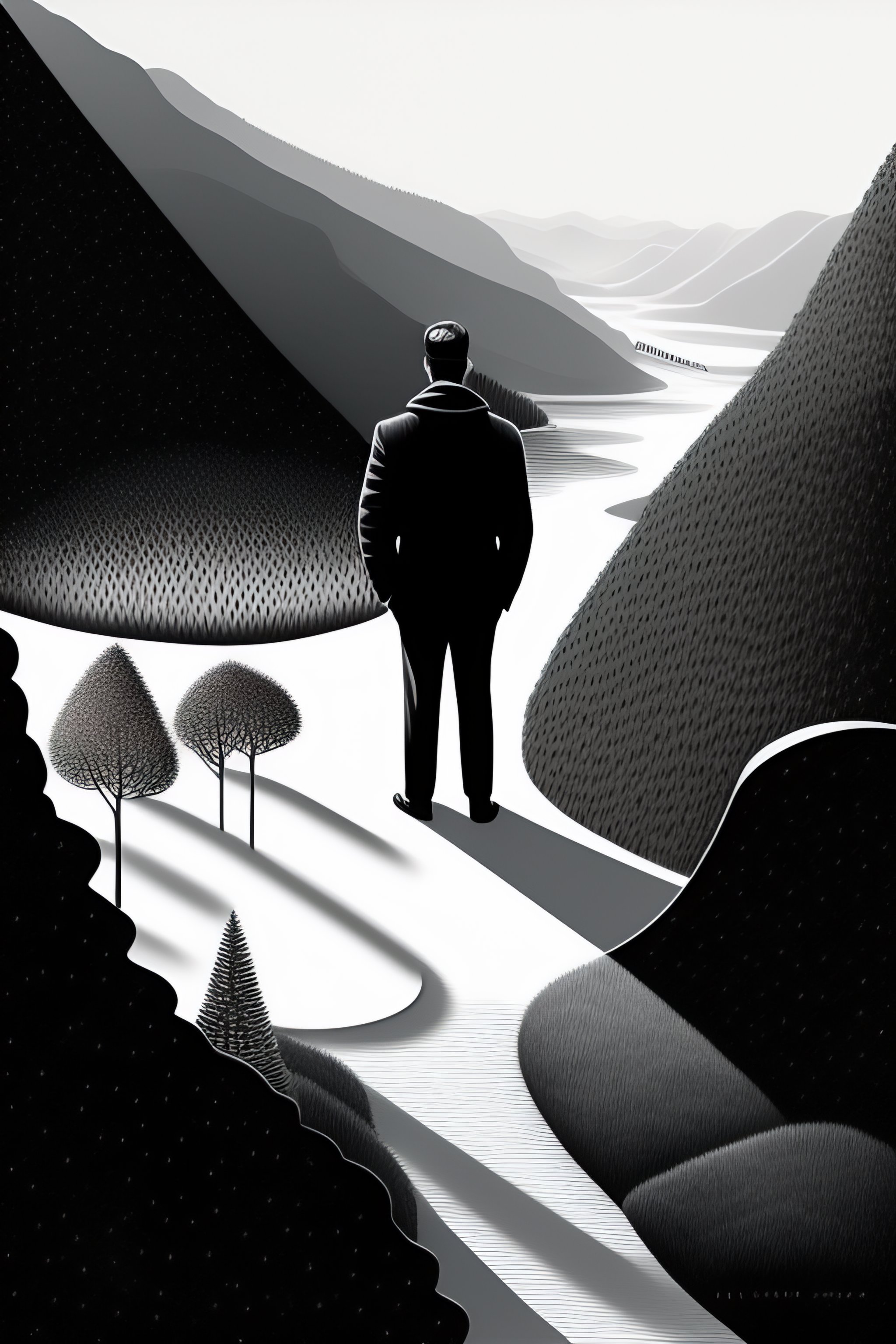 Lexica - A alone man. pen and ink ,birds eye view, Background space