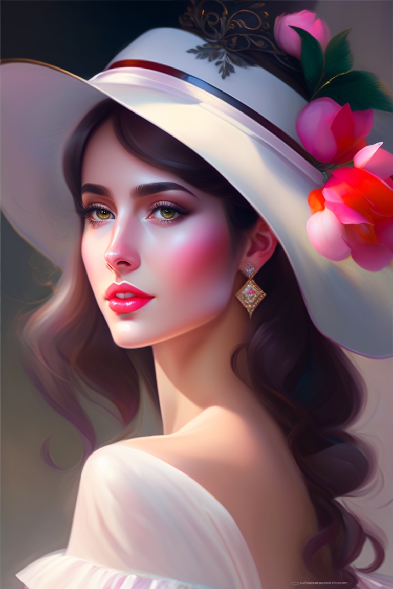 Lexica - A modern brunette woman in a very small white hat without a ...