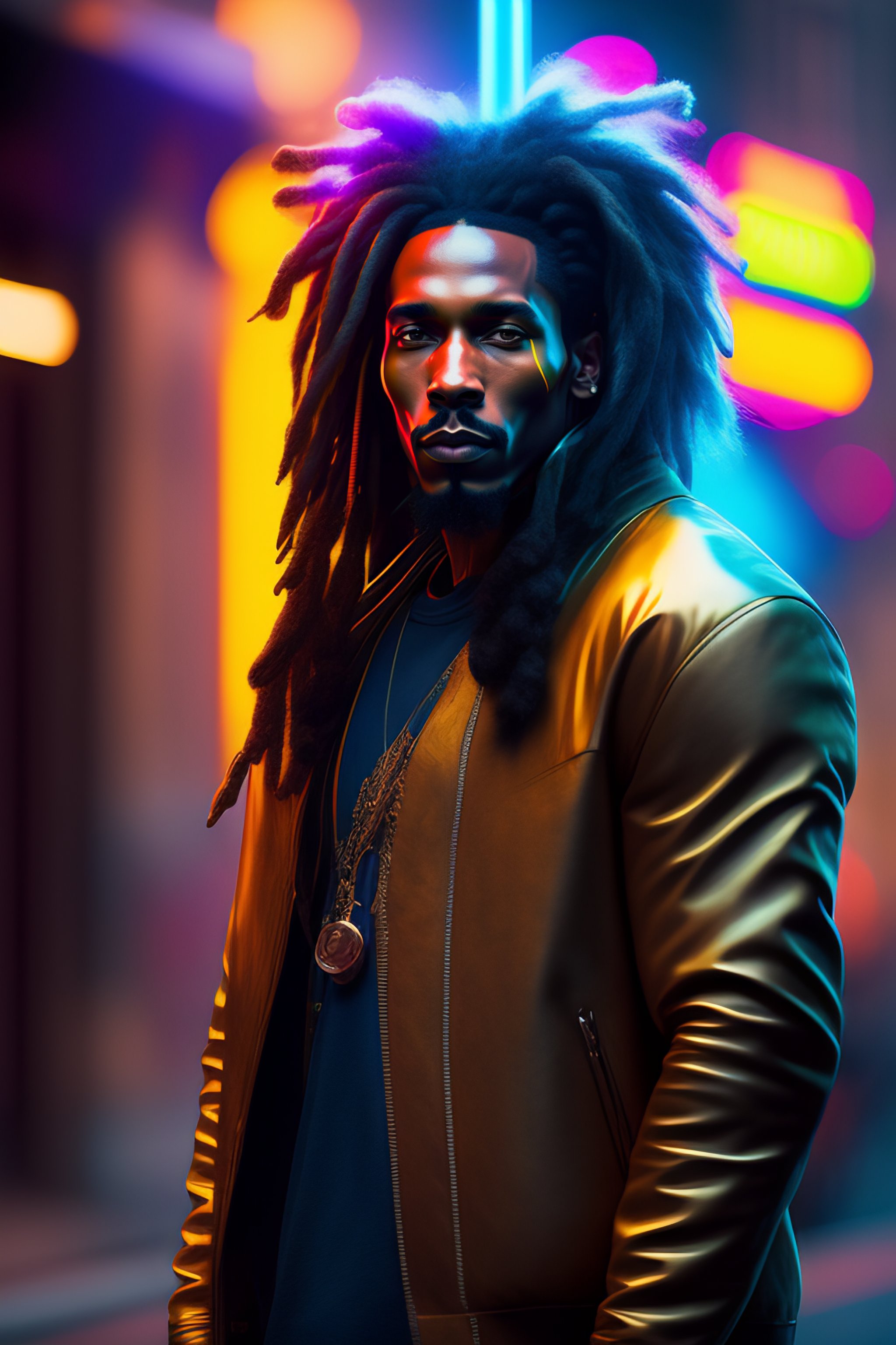 Lexica - Slow shutter speed photo of a cyberpunk bob marley with neon ...