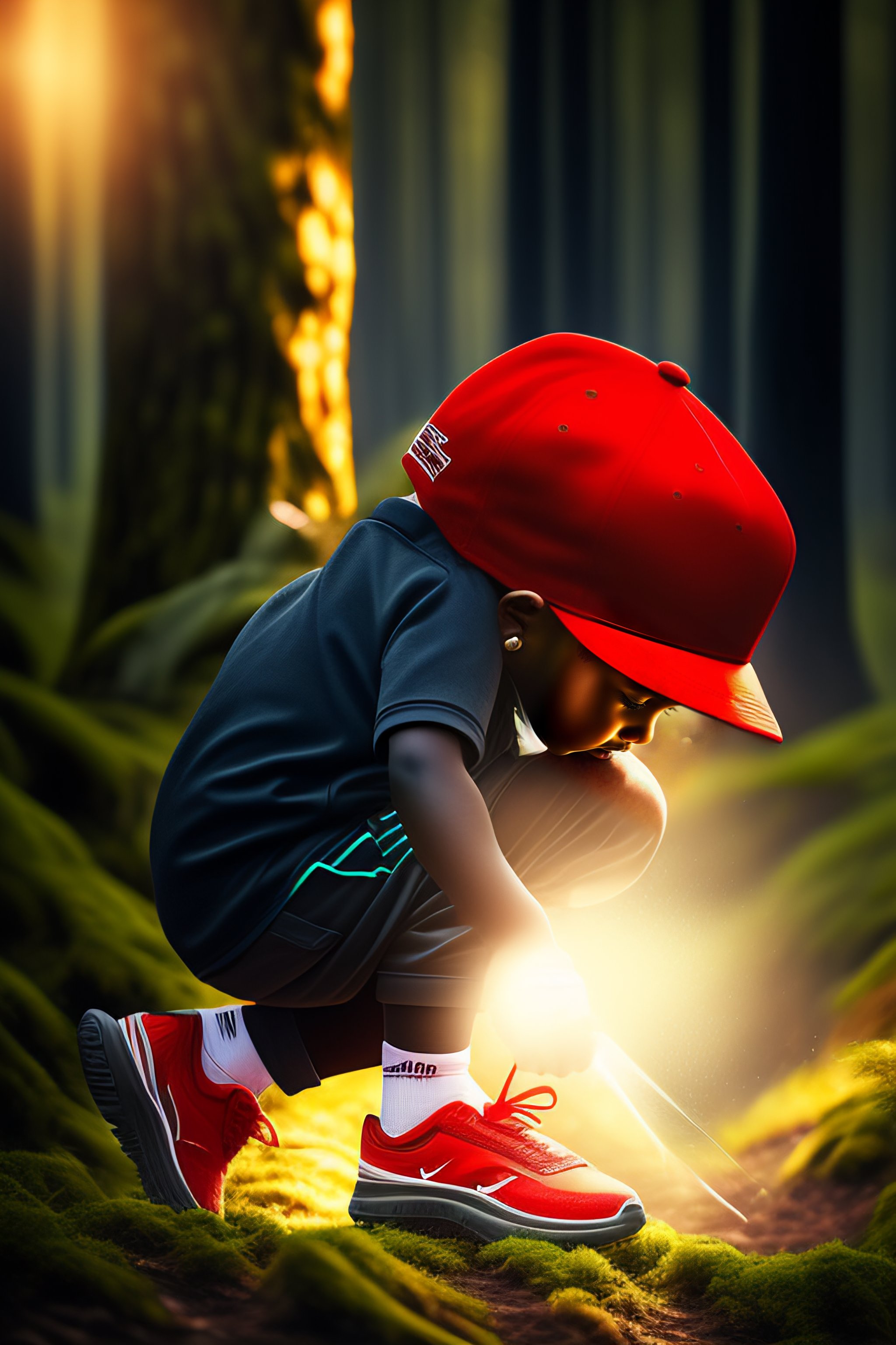 Lexica - One leg, black boy, red cap, forest, realistic