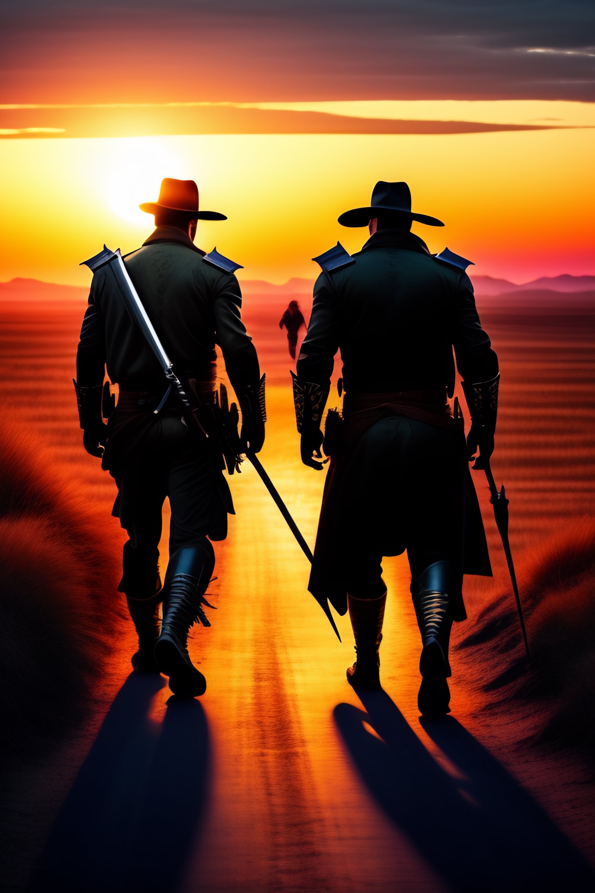 Lexica - Gang of outlaws walking into the sunset with their weapons drawn