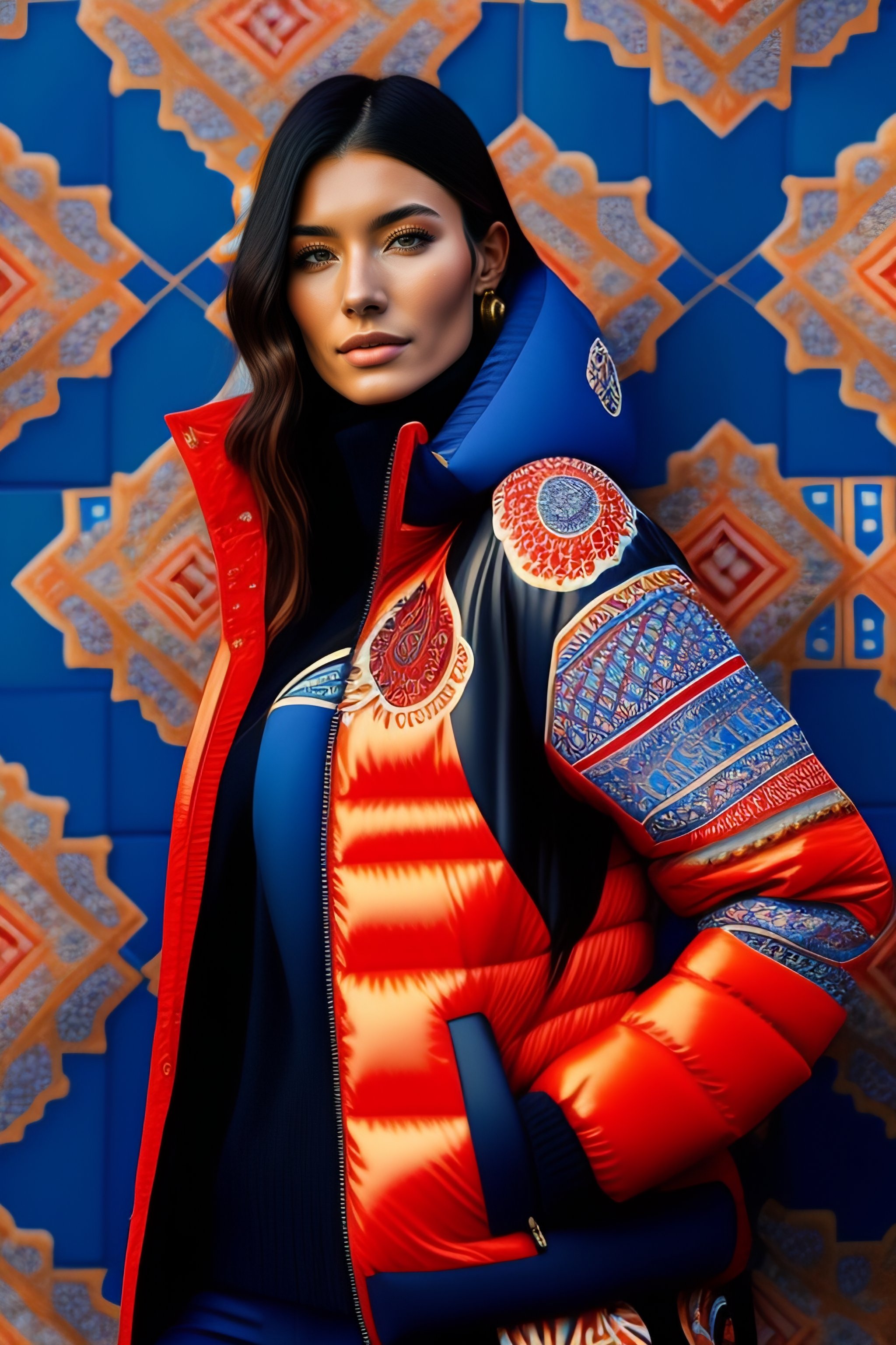 Lexica - South Europe woman wearing a puffy coat fashion decorated with ...