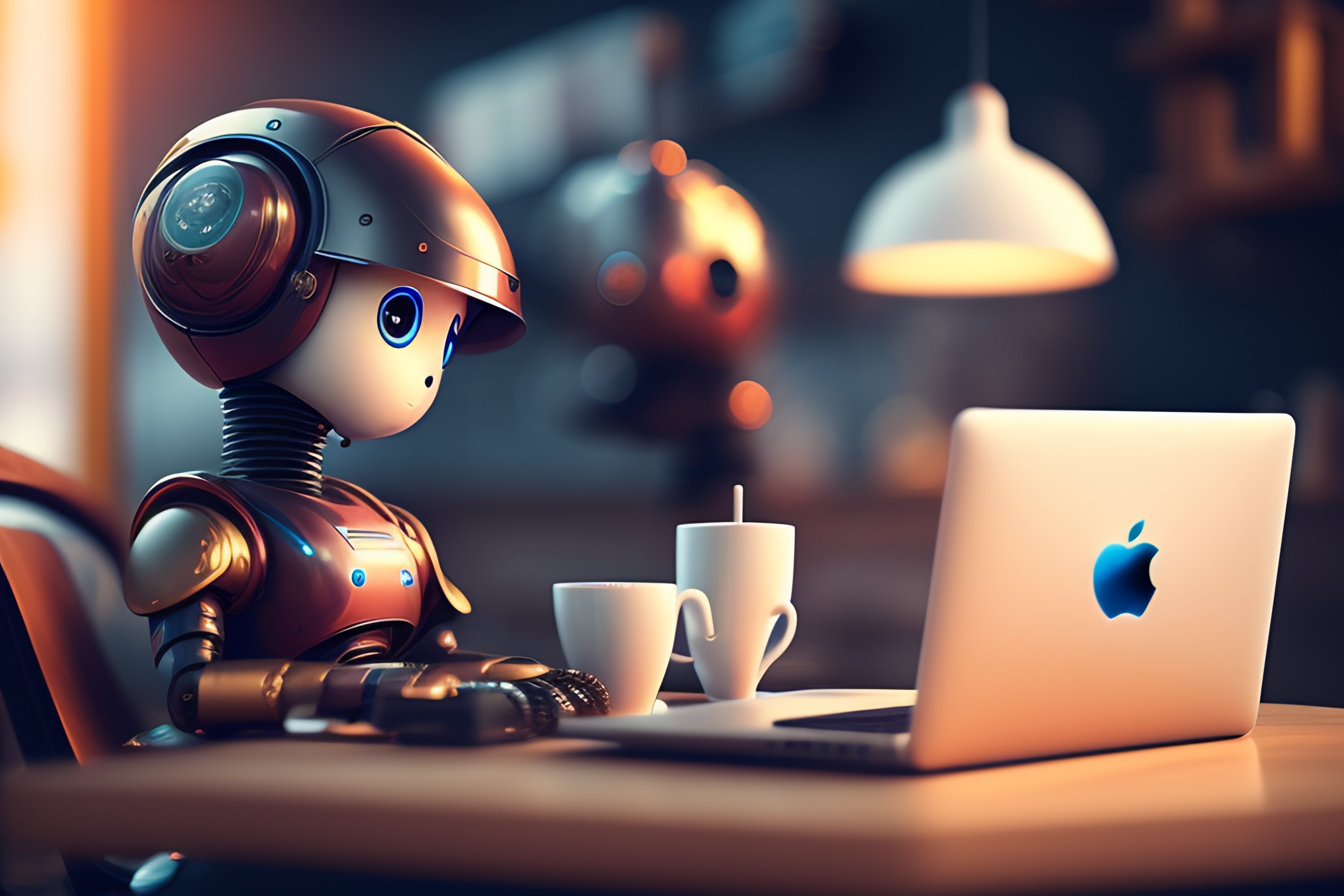 Lexica - 1 cute robote, and 2 hipster programers, in cafe, working on ...