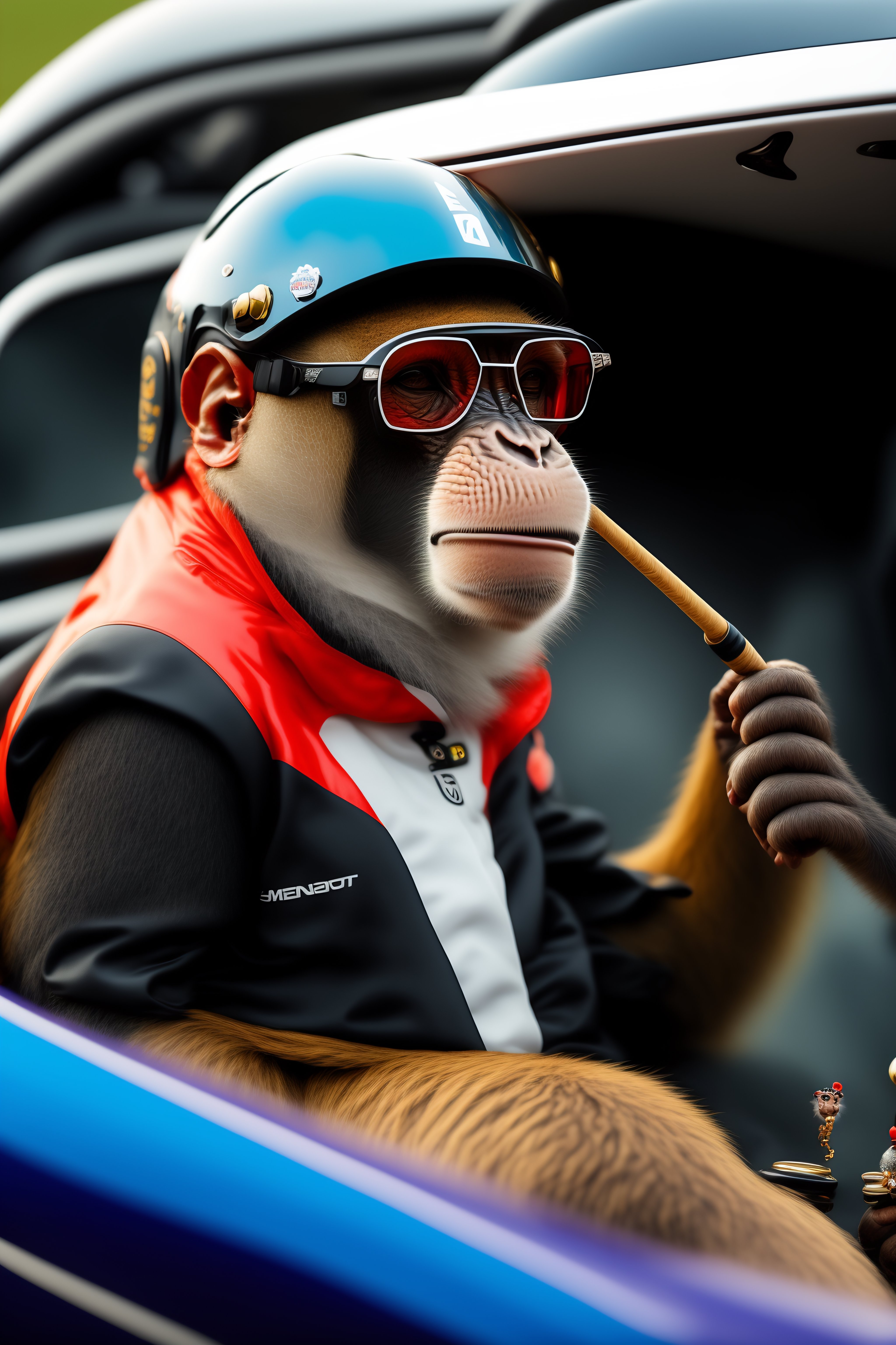 Lexica - Wise monkey smoking a pipe with racing motorsport suit with ...