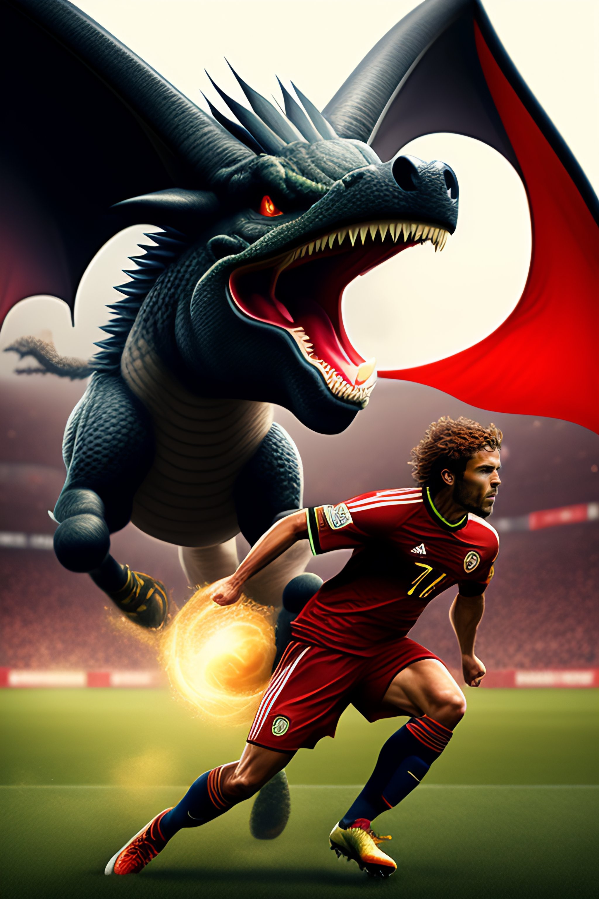 Lexica - Portrait of a soccer player fighting a dragon