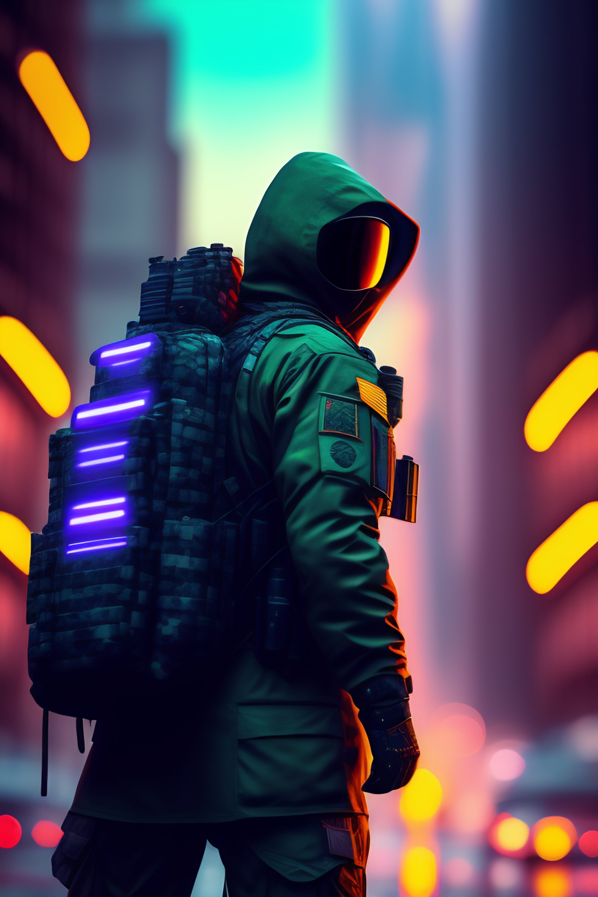 Lexica - Hacker soldier, full body, tactical armor, rifle, Neon, Movie ...