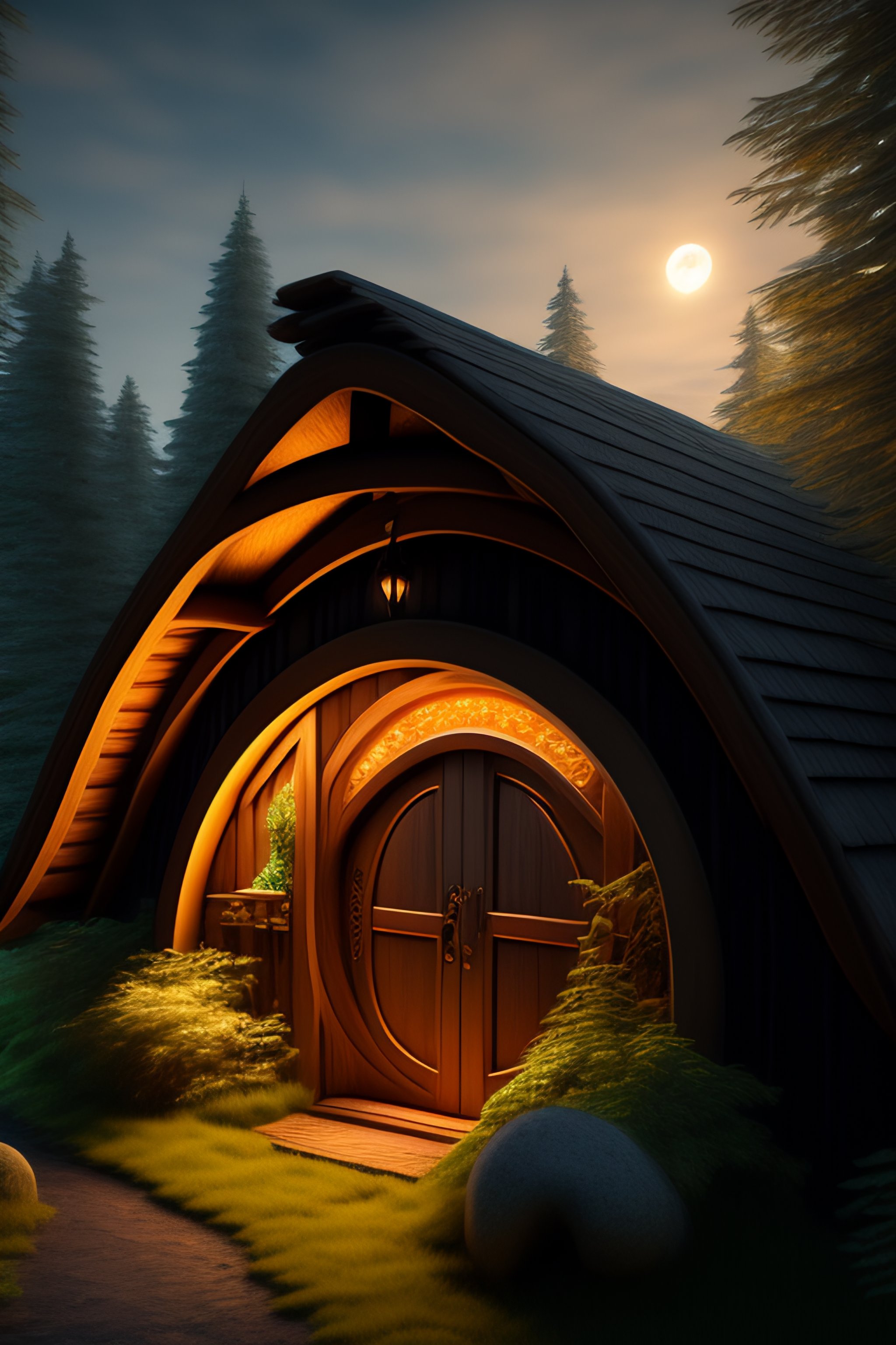 Lexica - Enchated forest, hobbit house, moonlight, magical, fairy ...