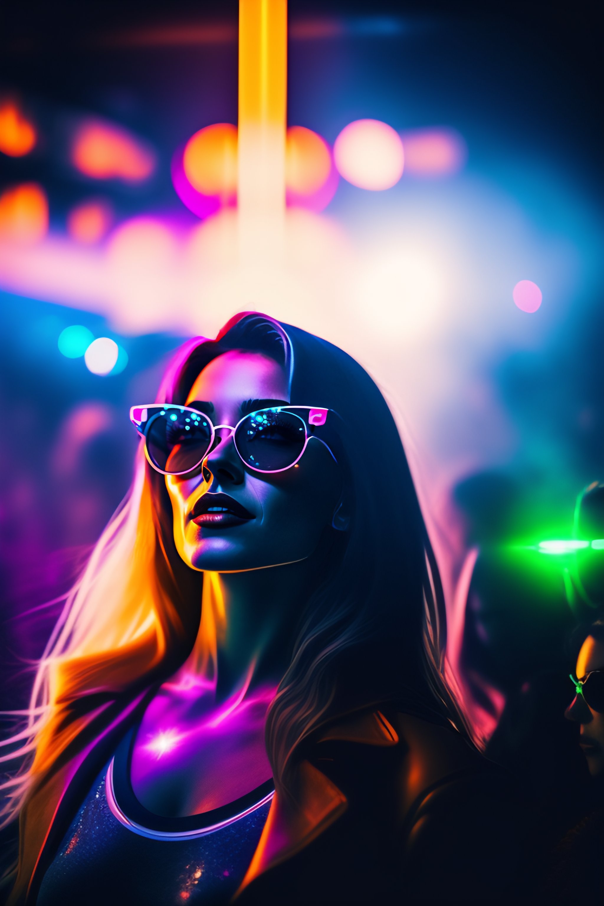 Lexica - A woman with sunglasses raving in a club with lasers and smoke