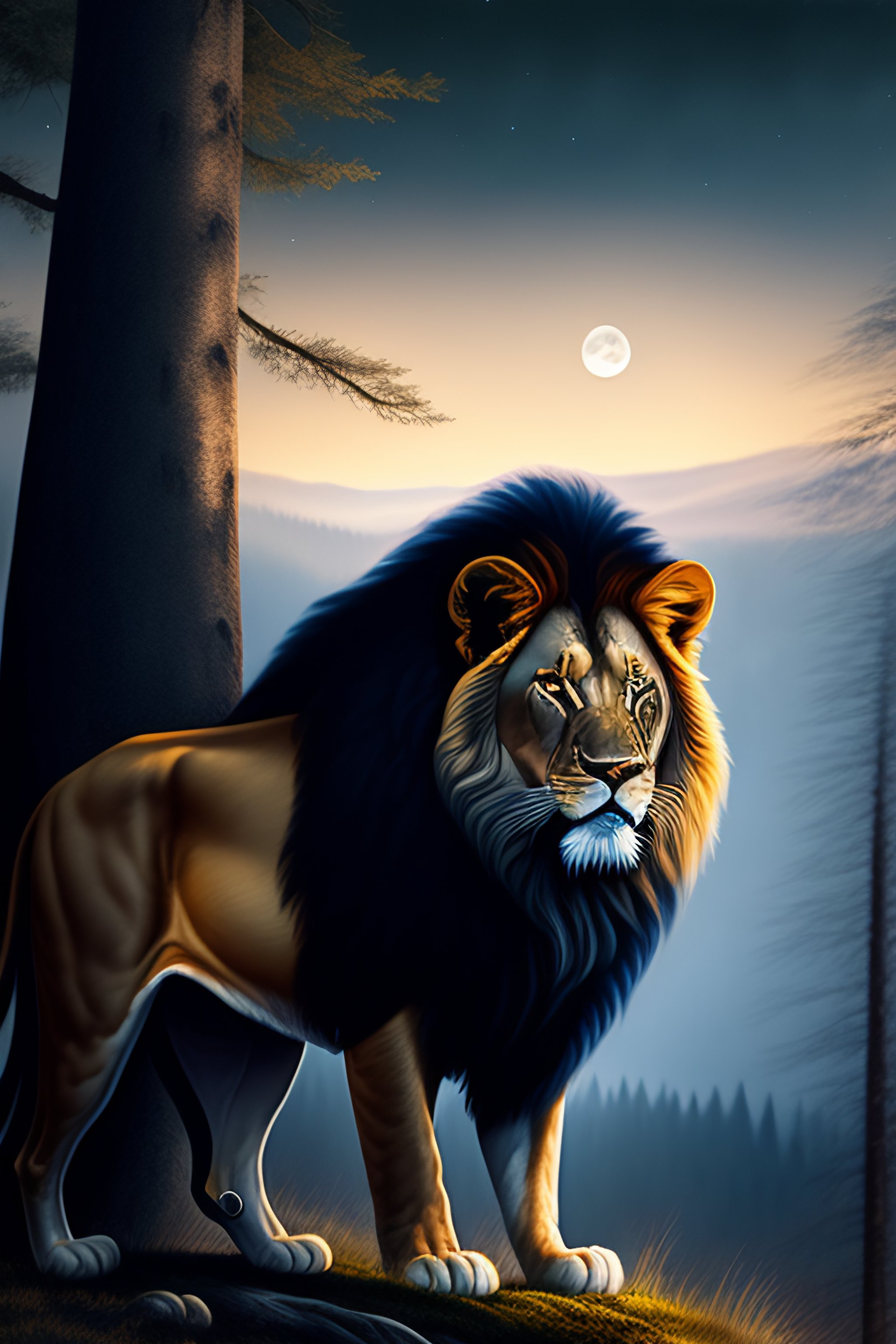 Lexica - Lion man and lycan on the hill, woods, night, fullmoon, realism