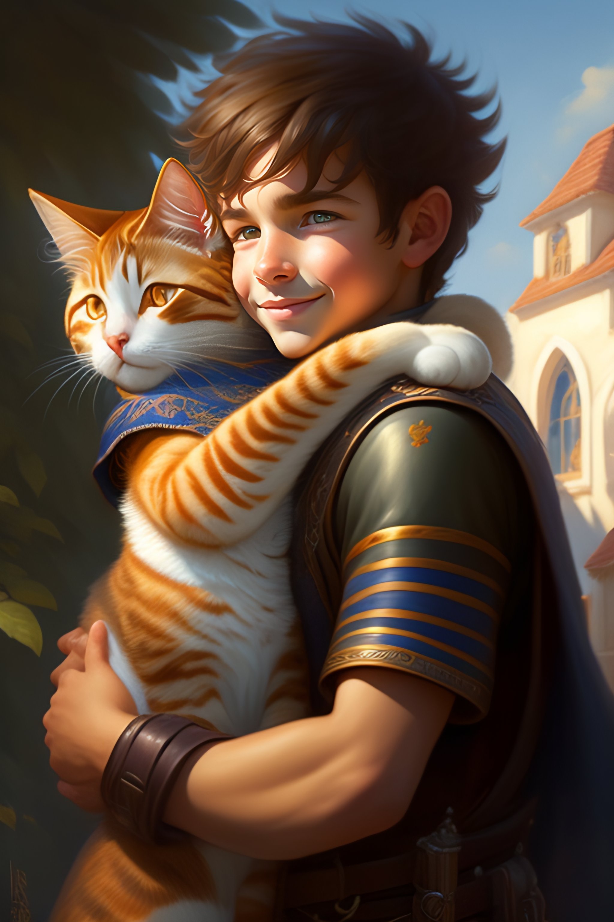 Lexica - A detailed portrait of a cute calm brunette boy hugging a ...