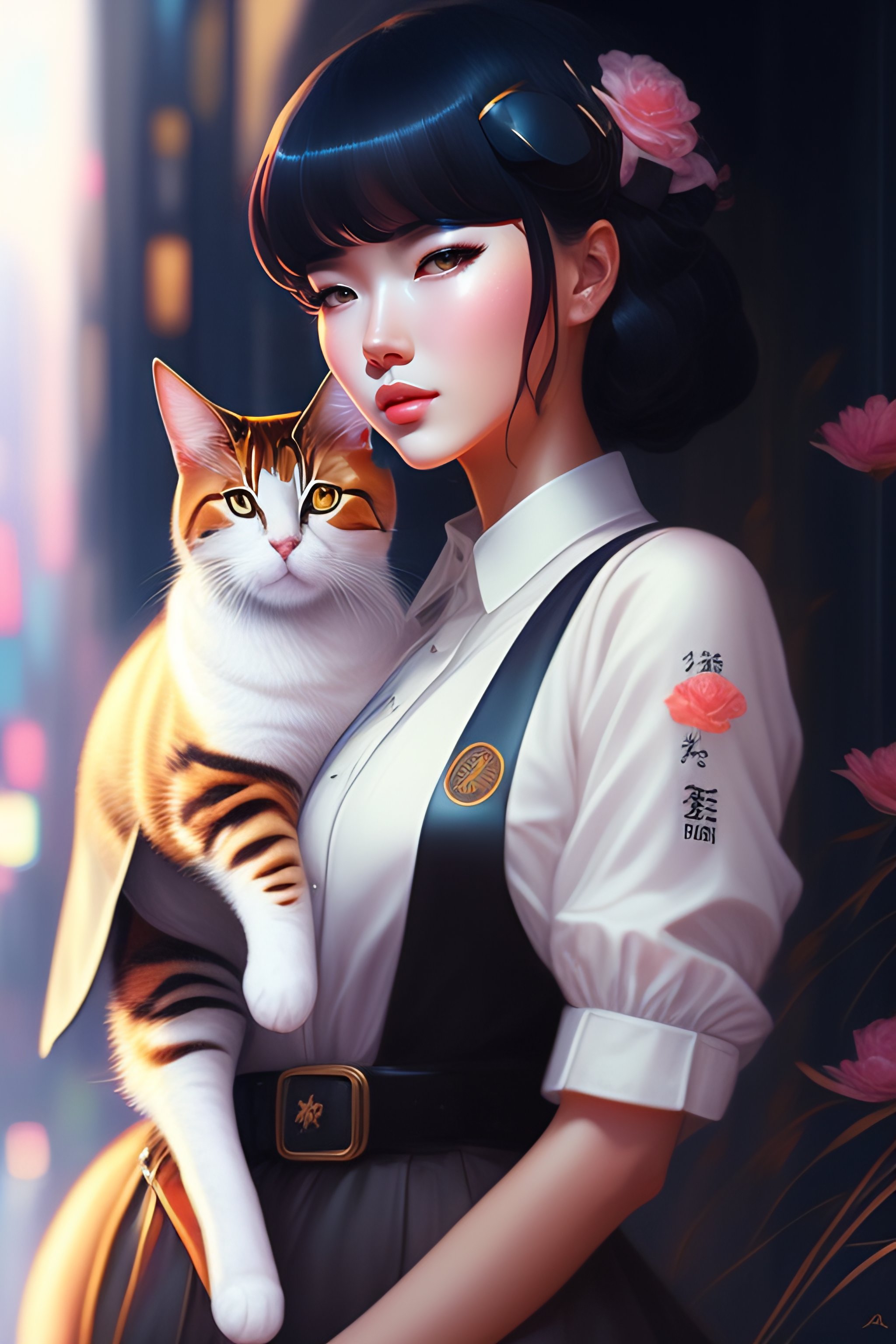 Lexica - Elegant girl holding a cute cat in urban outfit, cute fine ...
