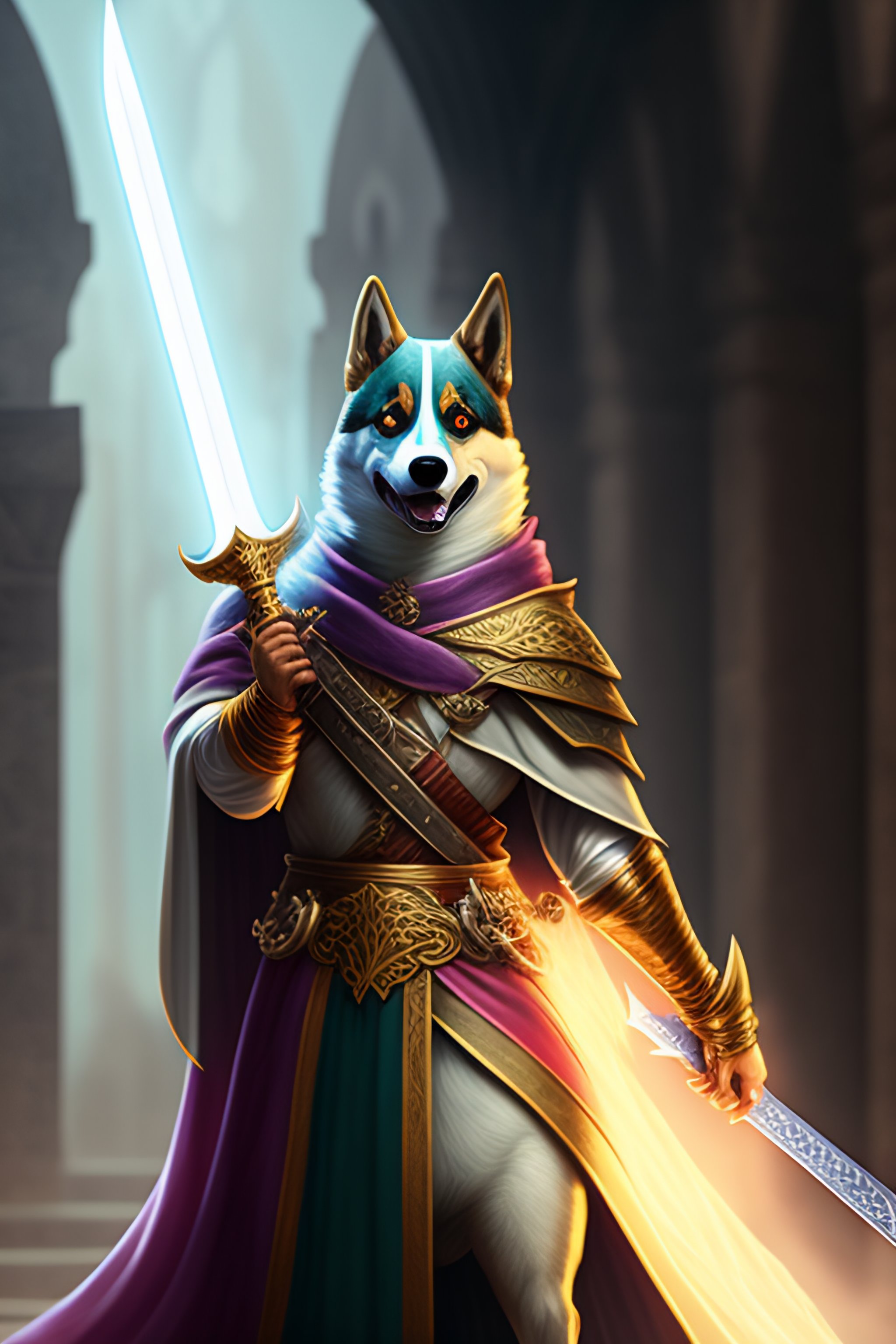Lexica - A Doge Crusader holding a magic sword.