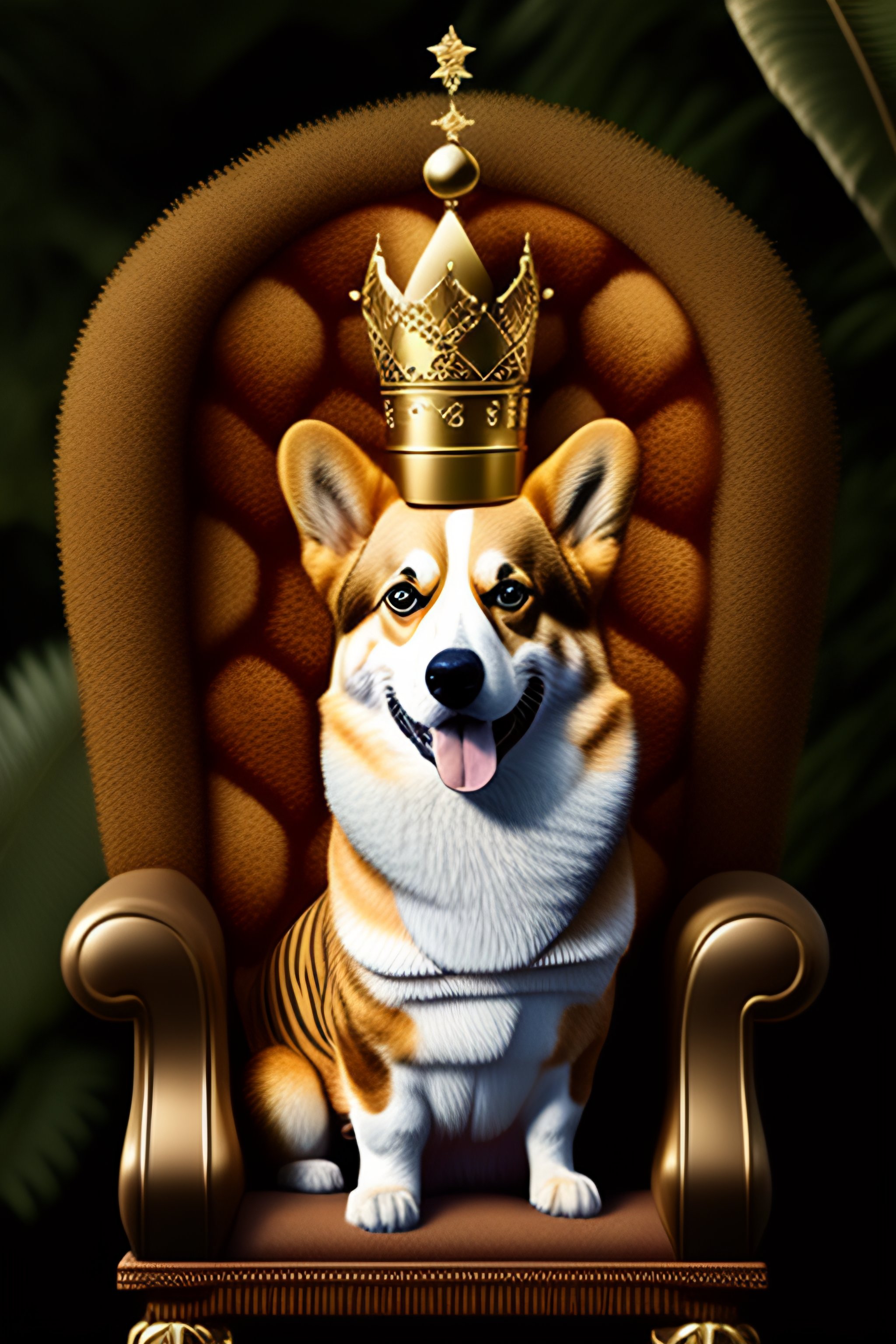 Lexica - King dog corgi sitting on throne, with crown, in jungle, lions ...