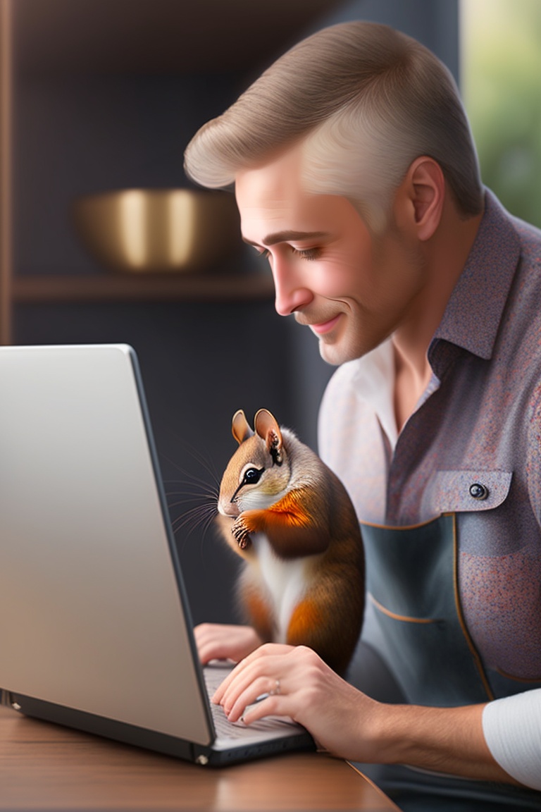 Lexica - A man playing with small squirrel, low hair, using computer