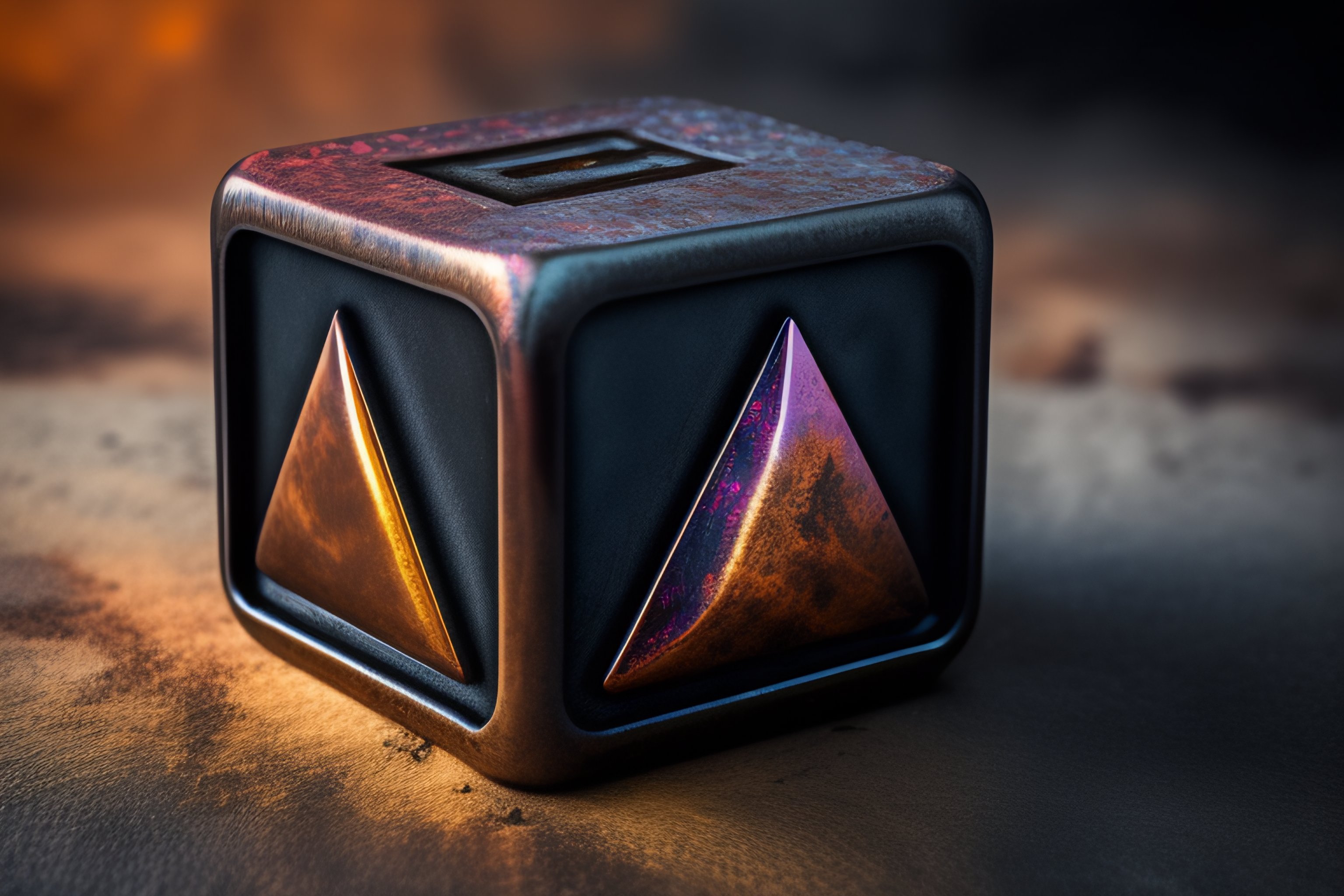 Lexica - Corroded metal prism with markings etched onto its surface ...