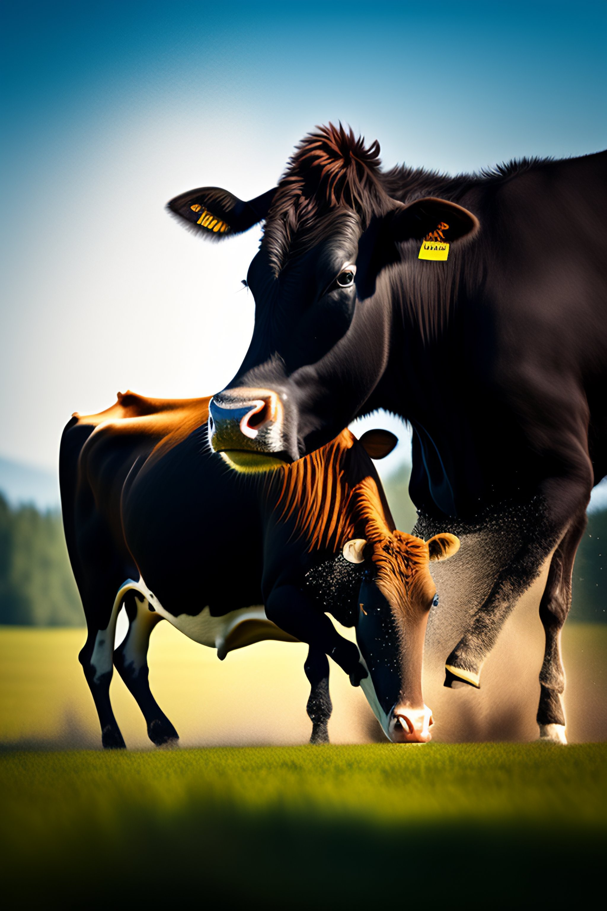 Lexica - I need a picture of a cow fighting with a fish, where the cow ...