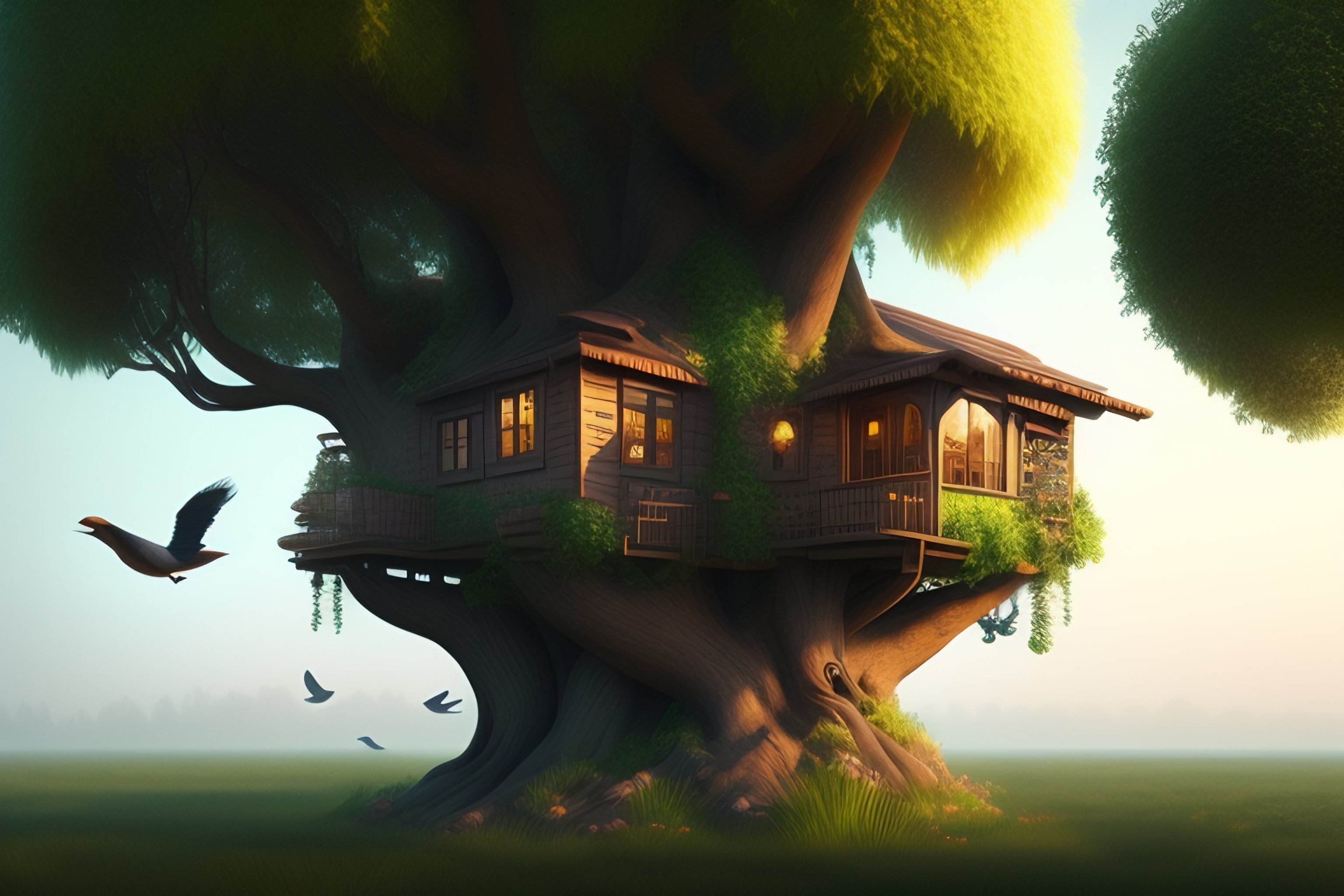 Lexica - Realistic tree house with birds