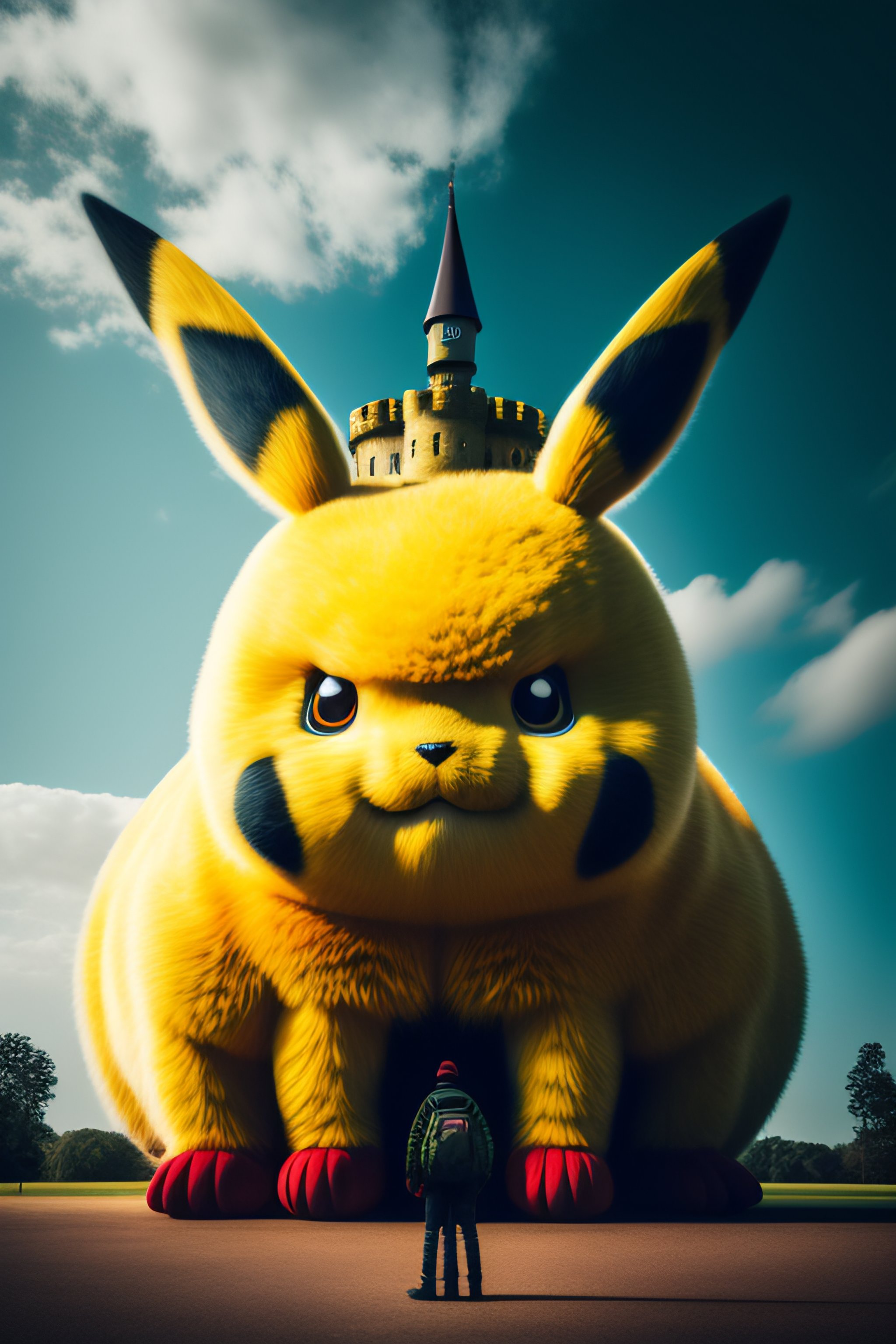 Lexica - A scary version of pikachu , standing in front of a giant castle