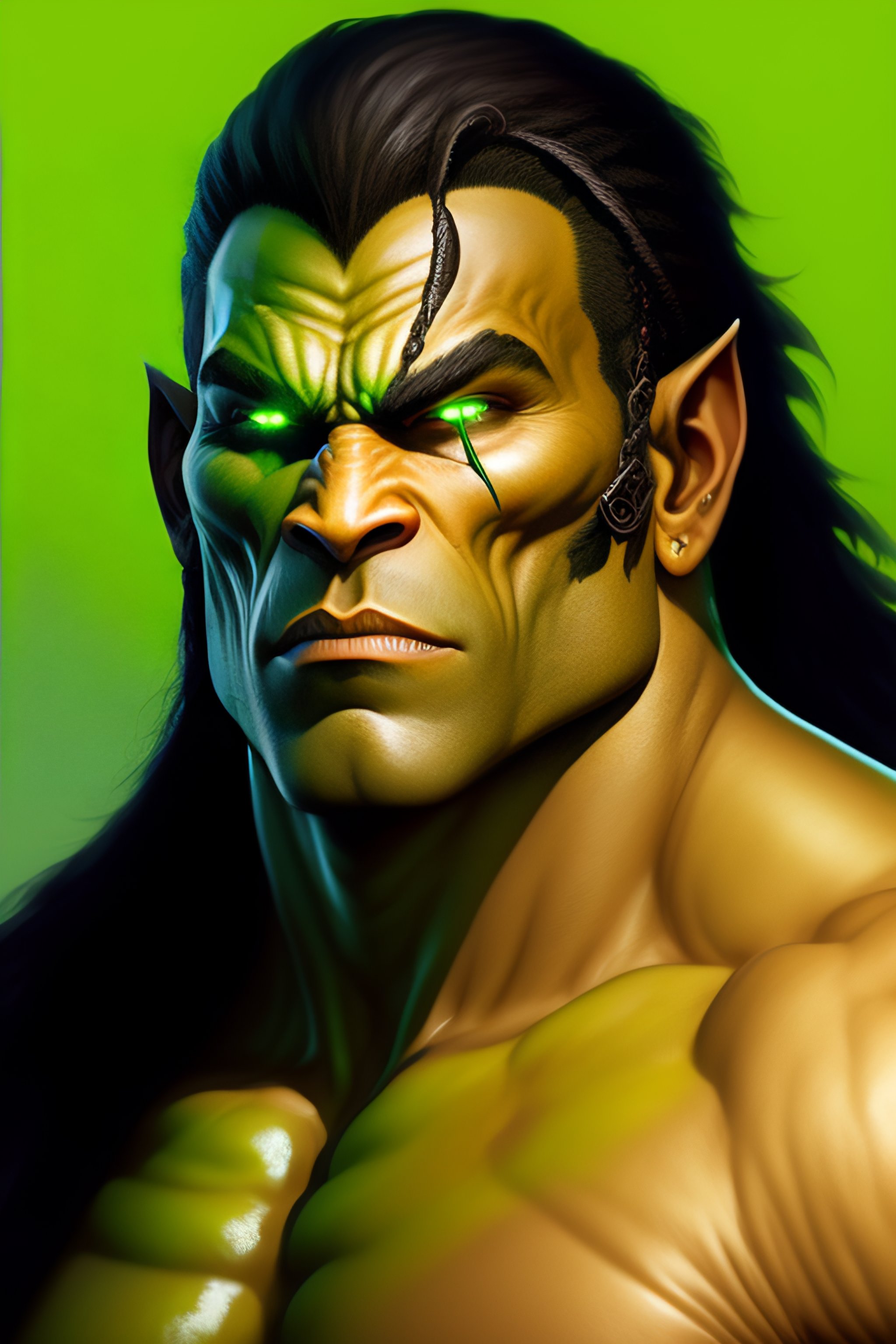 Lexica - Portrait of a one eyed half-orc half-human, with green eyes ...