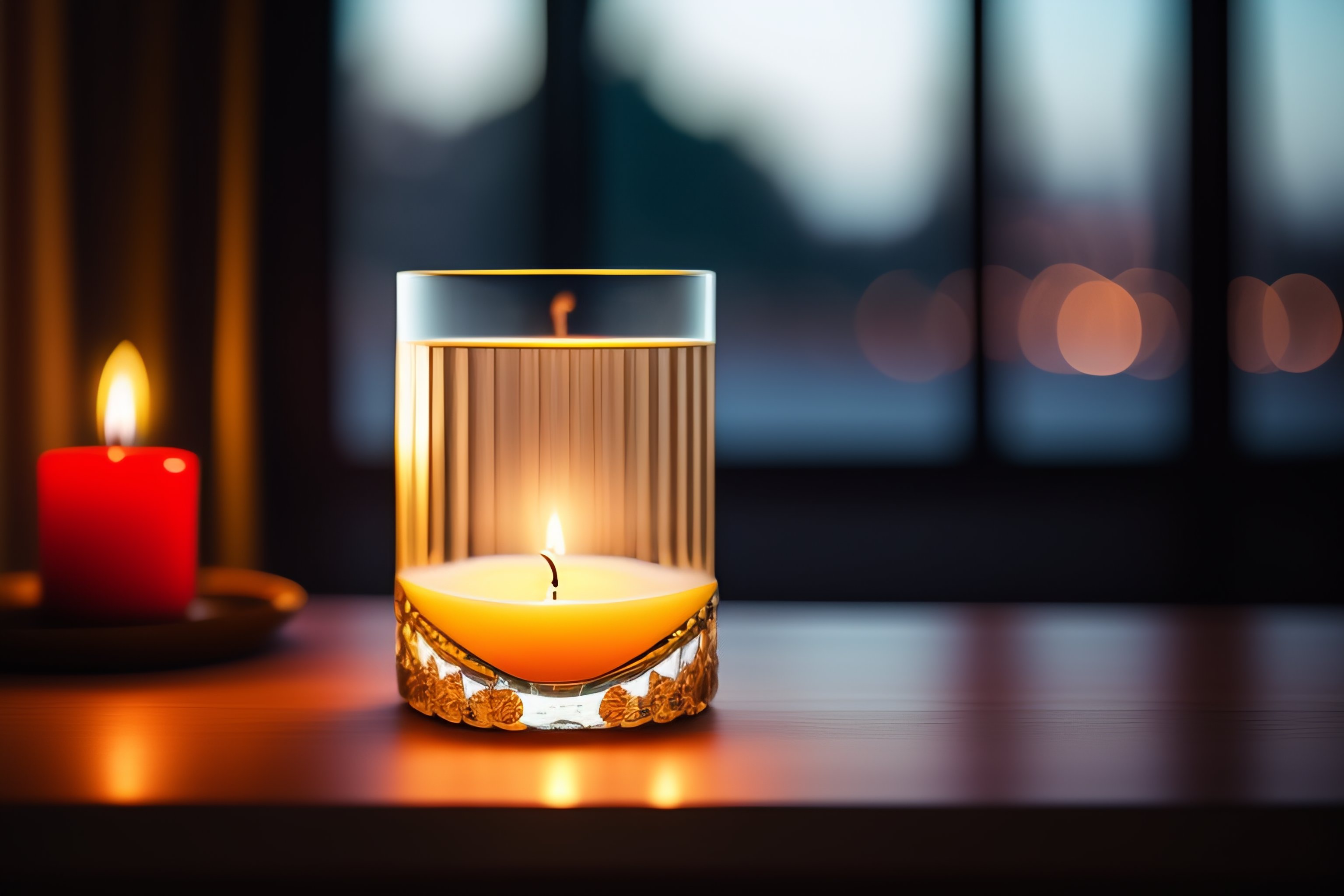 Lexica - A candle, on a living room table, transparent glass, colored ...