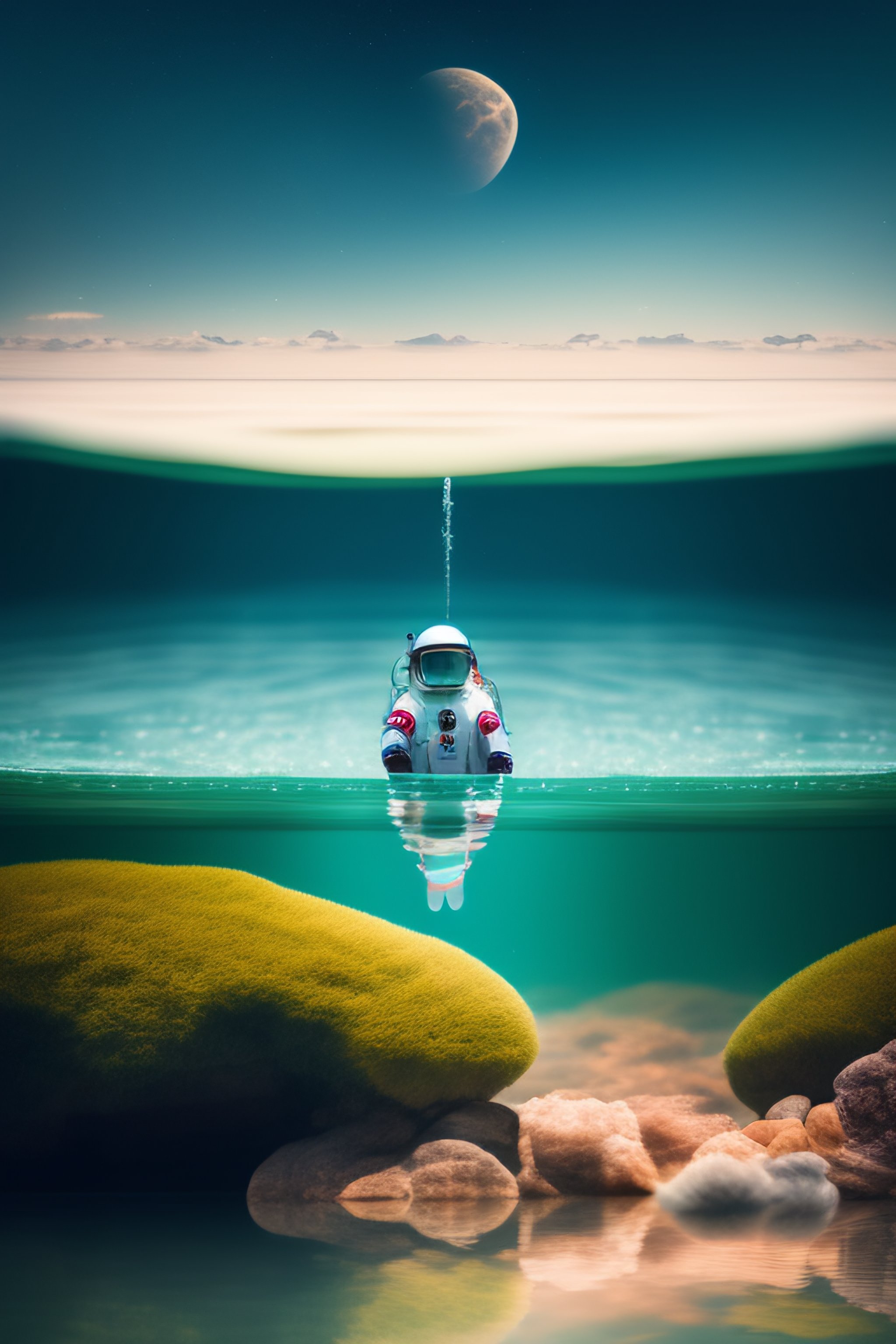 Lexica - An astronaut swiming in a lake in space