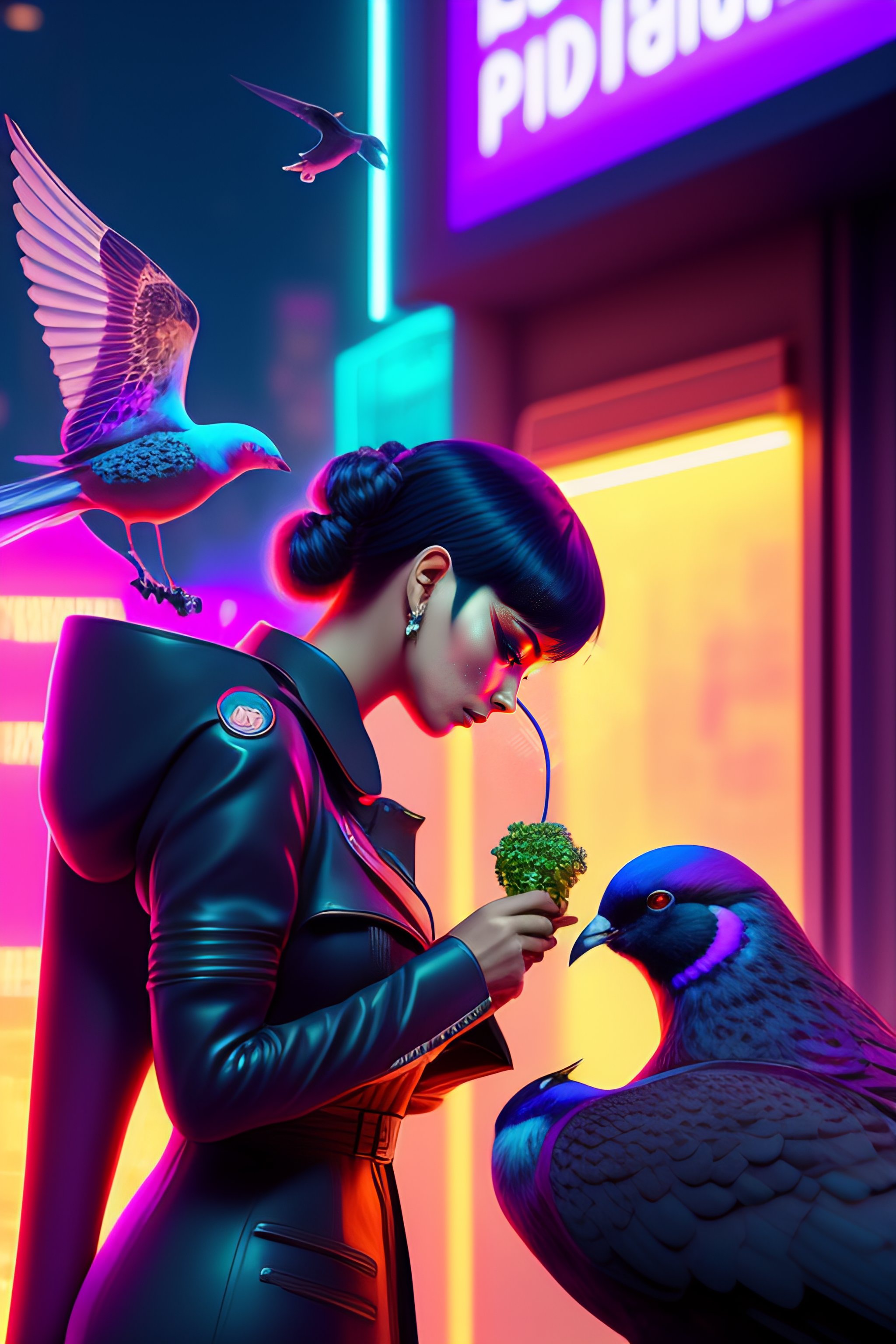 Lexica - Cyborg feeding electric pigeons in front of a neon church ...