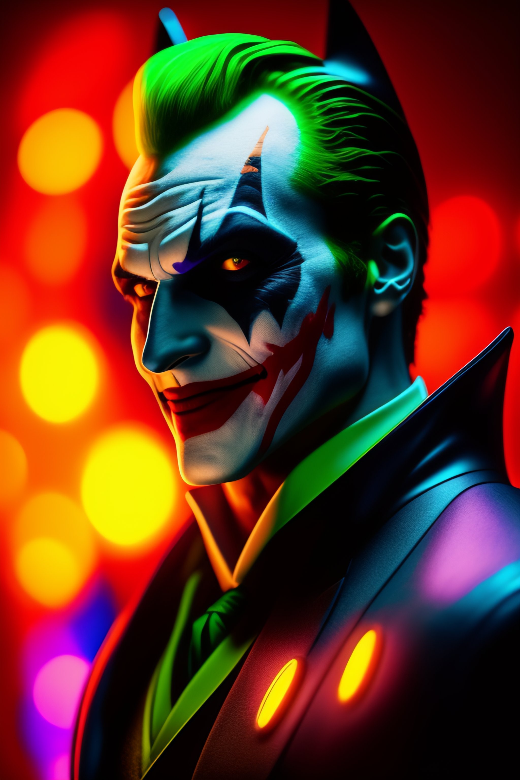 Lexica - The joker wearing the batman suit, vivd colors, glowing lights