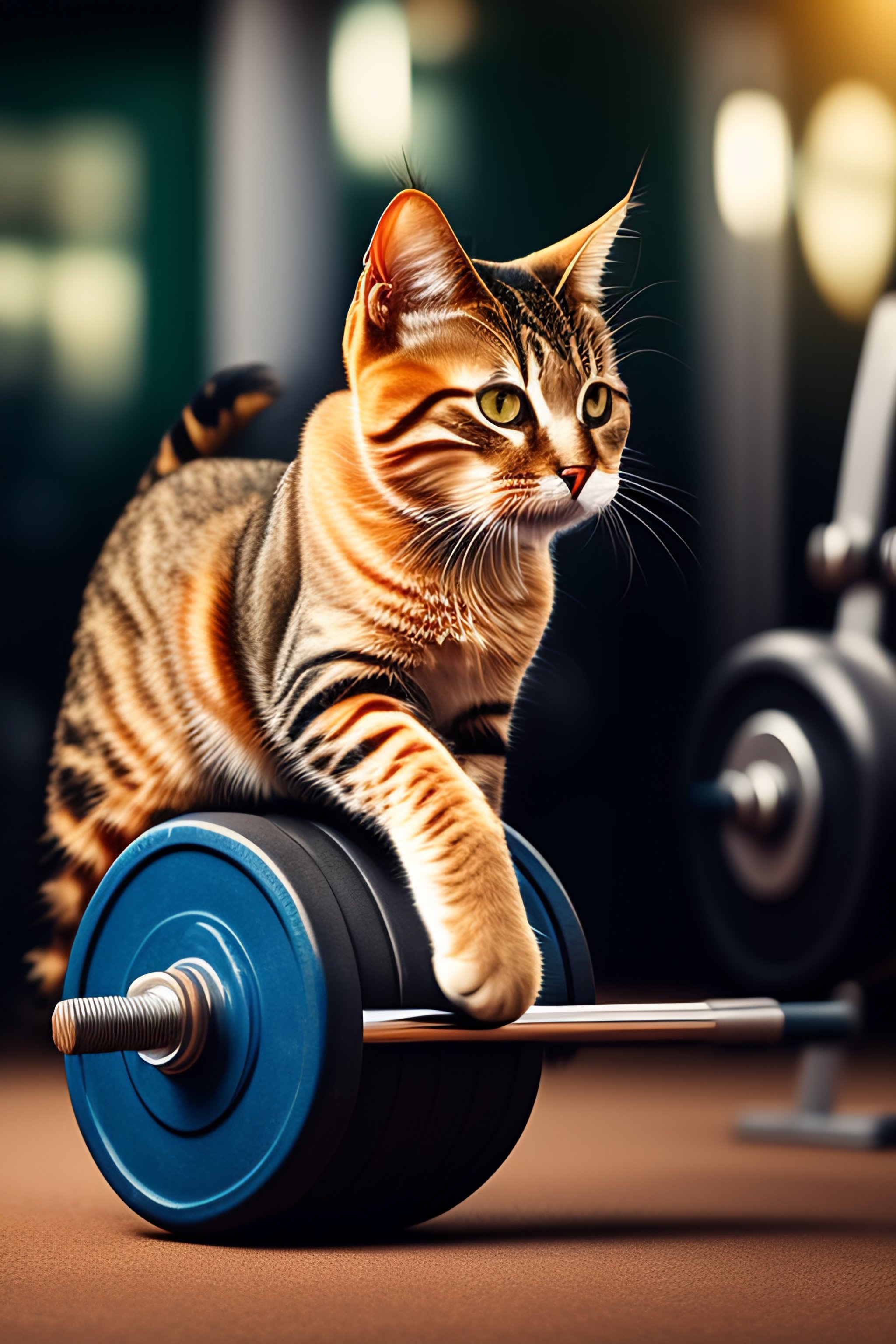 Lexica - A 3 legged tabby cat lifting weights