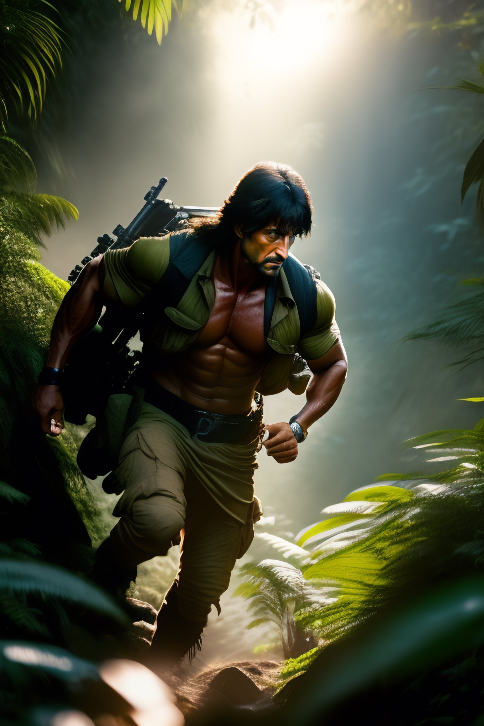Lexica - Action shot of john rambo in a jungle, cinematic lighting ...