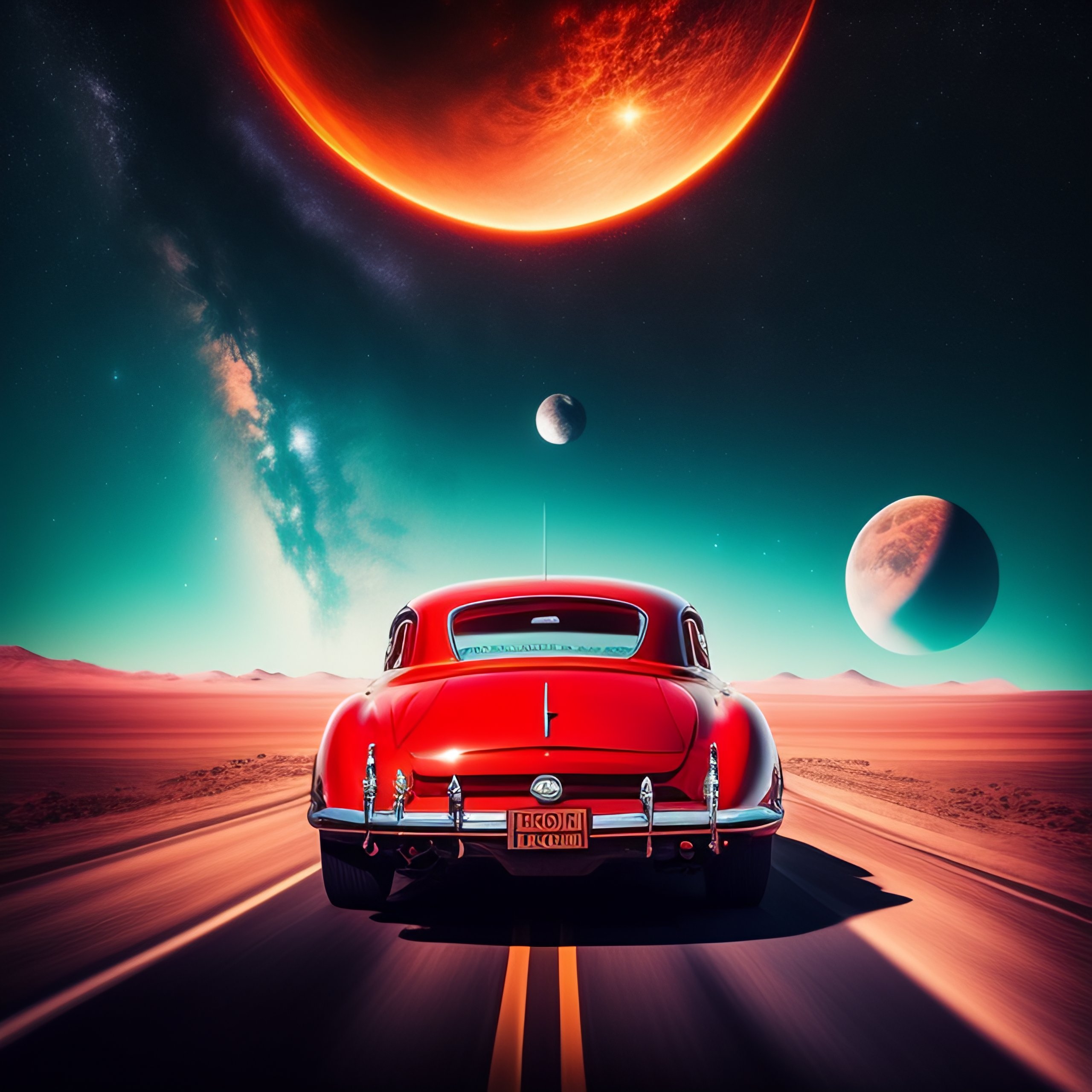 Lexica - Vintage red car driving down a narrow road in the middle of space, multiple planets in ...