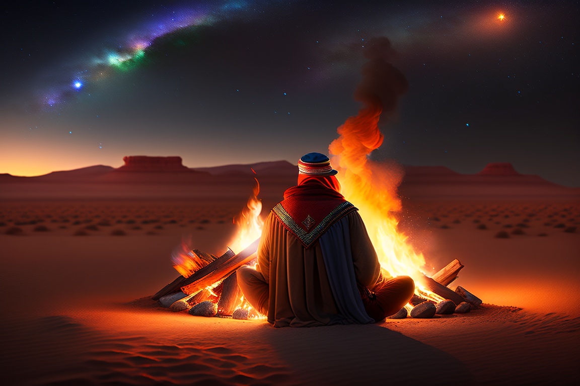 Lexica - A bedouin storyteller from the back sitting on the ground near ...
