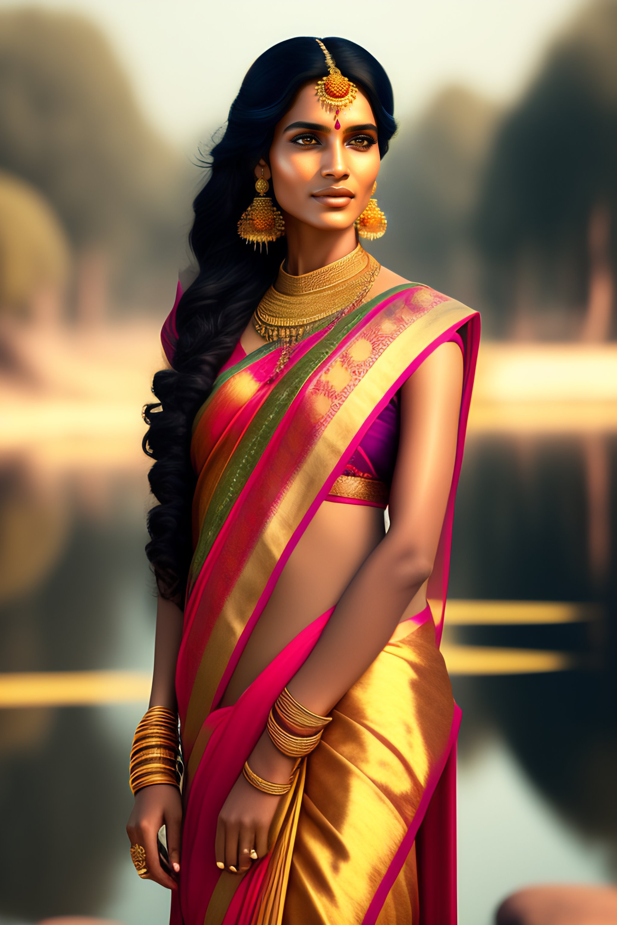 Lexica - Portrait of 1 pure young India woman, standing by a river in ...