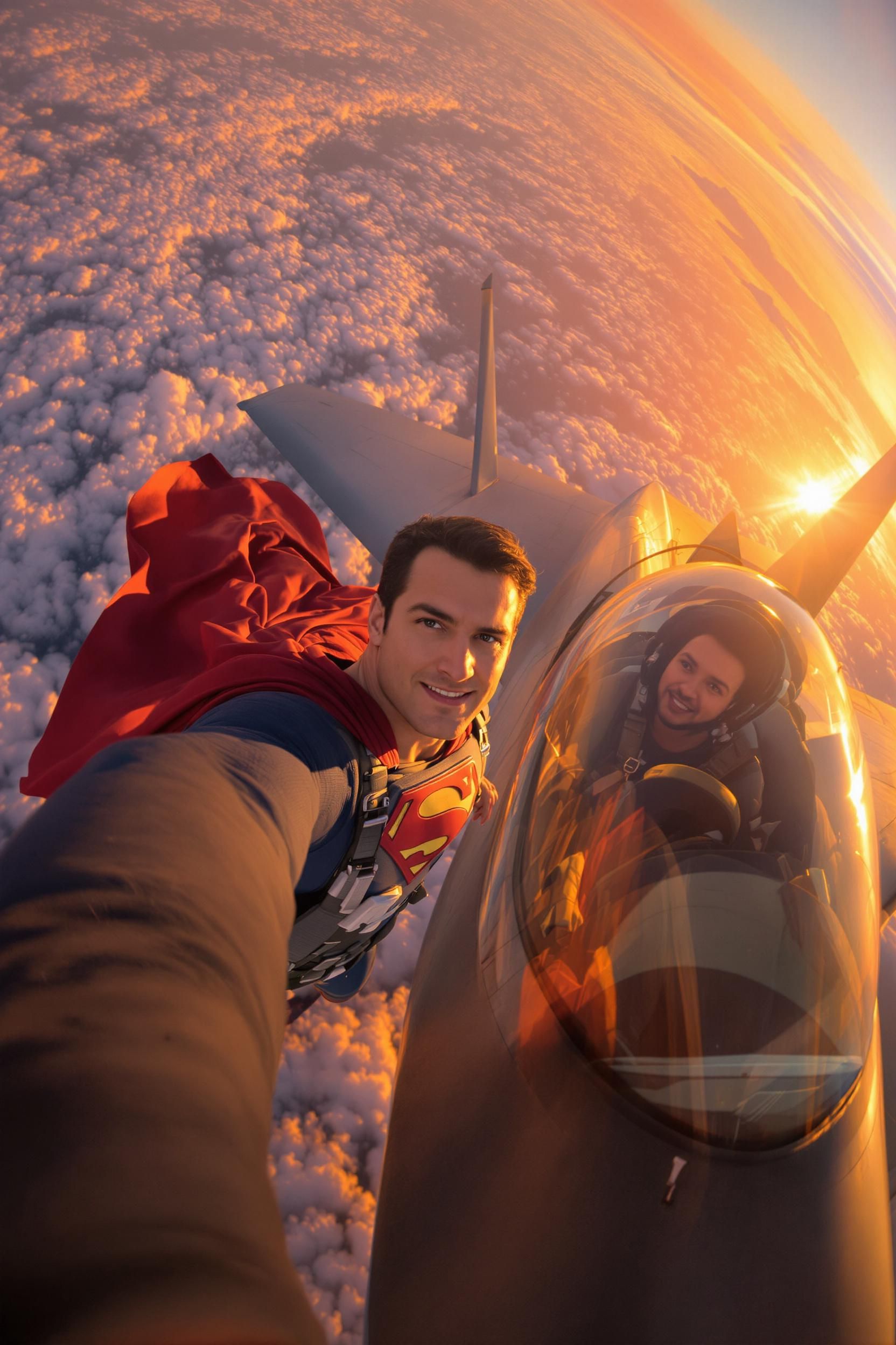 Lexica - Superman flying alongside a plane, this is a selfie, his arm ...