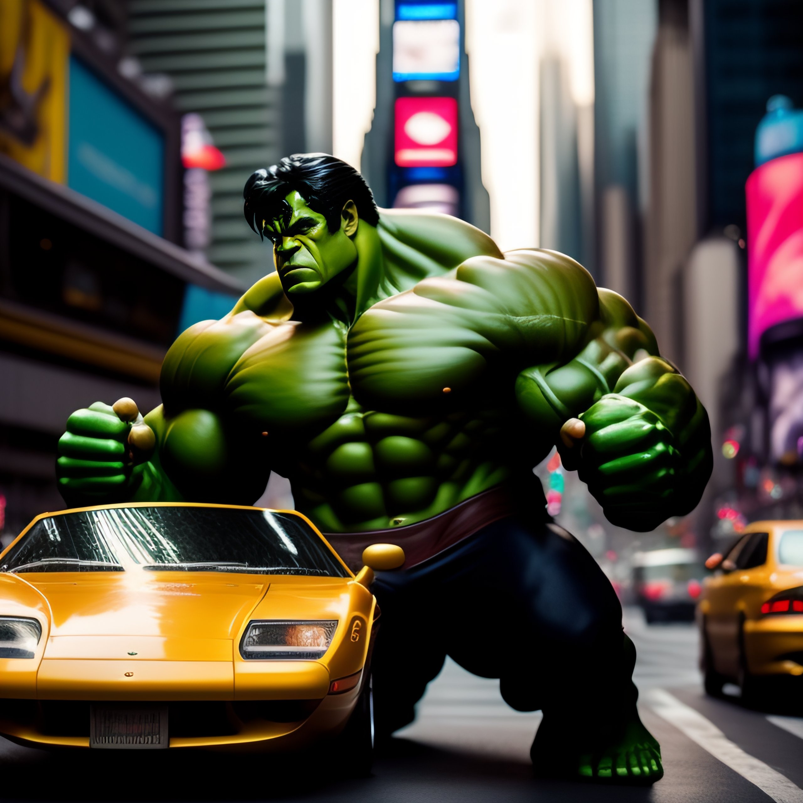 Lexica - The incredible hulk punching a car on times square, casual clothing, today's featured ...