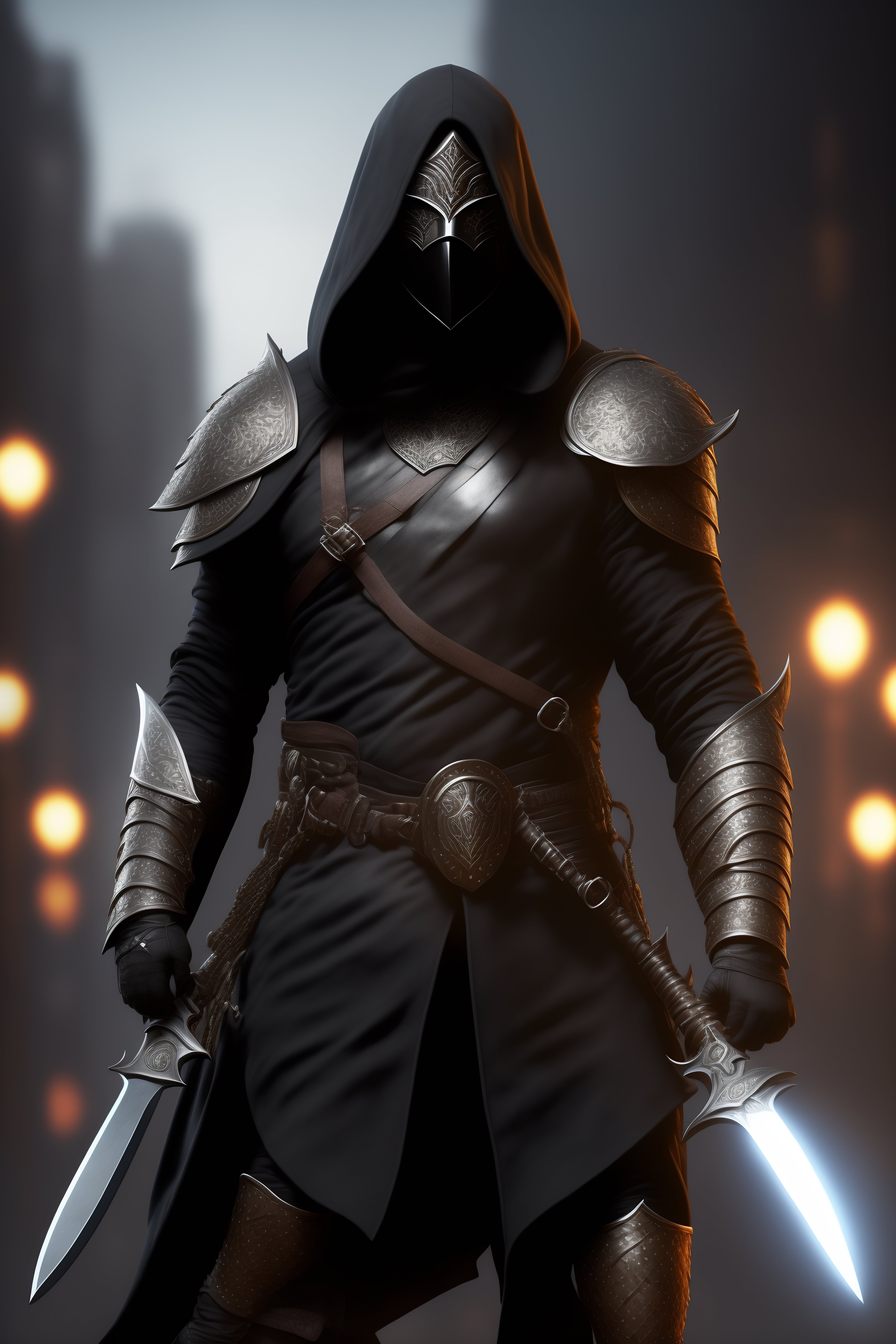 Lexica - Full body picture of a masked male assassin holding a two ...